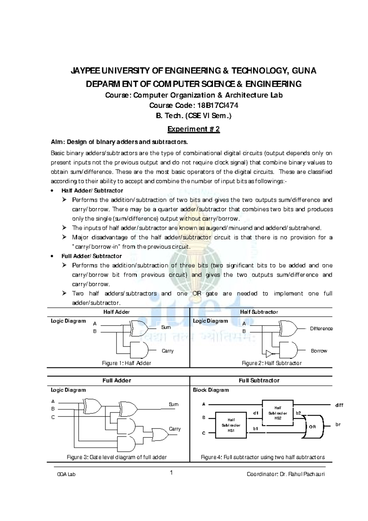 Experiment 2 - COA Lab 1 Coordinator: Dr. Rahul Pachauri JAYPEE UNIVERSITY OF ENGINEERING ...