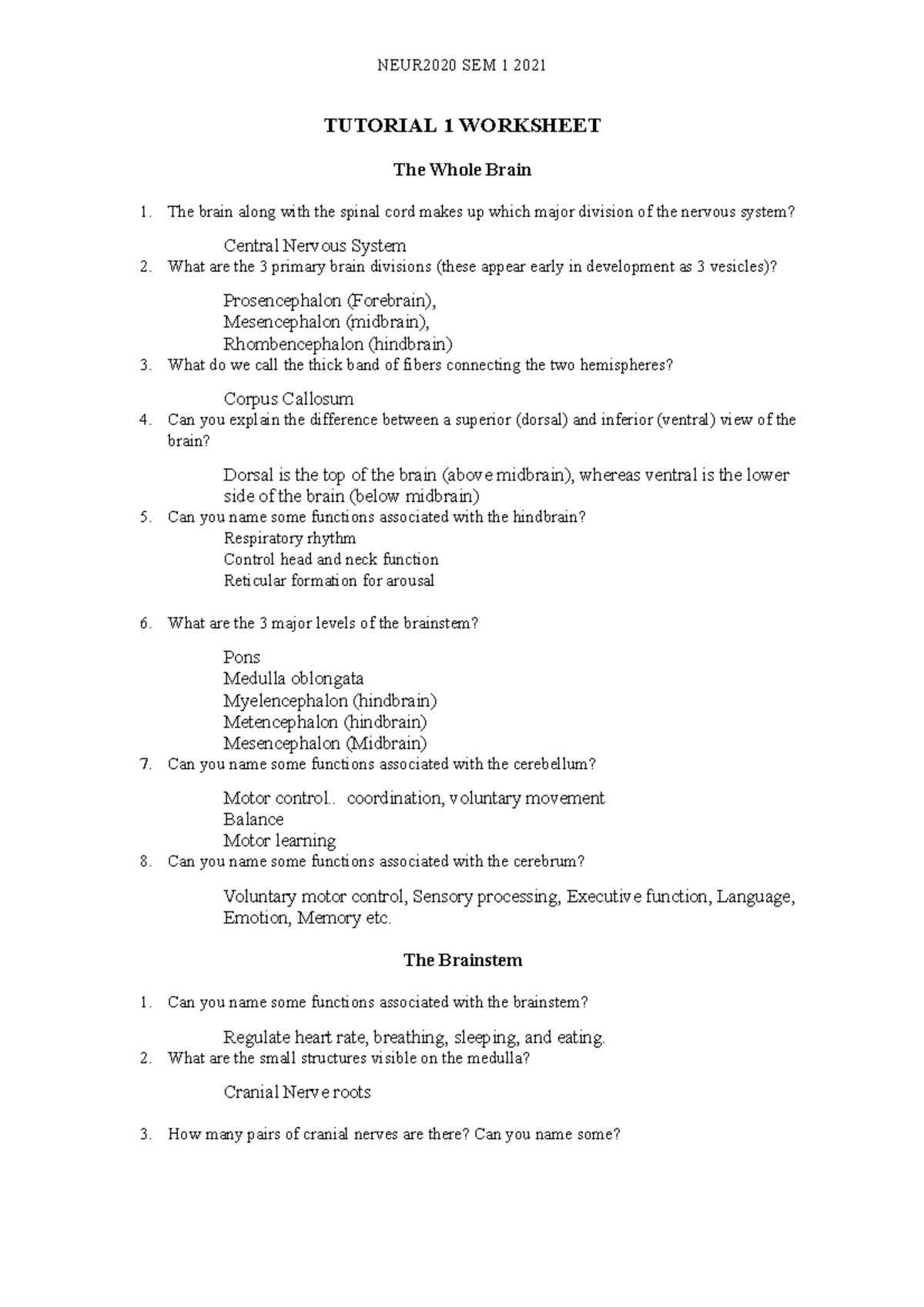Neur2020 worksheet 1 - NEUR2020 SEM 1 2021 TUTORIAL 1 WORKSHEET The ...
