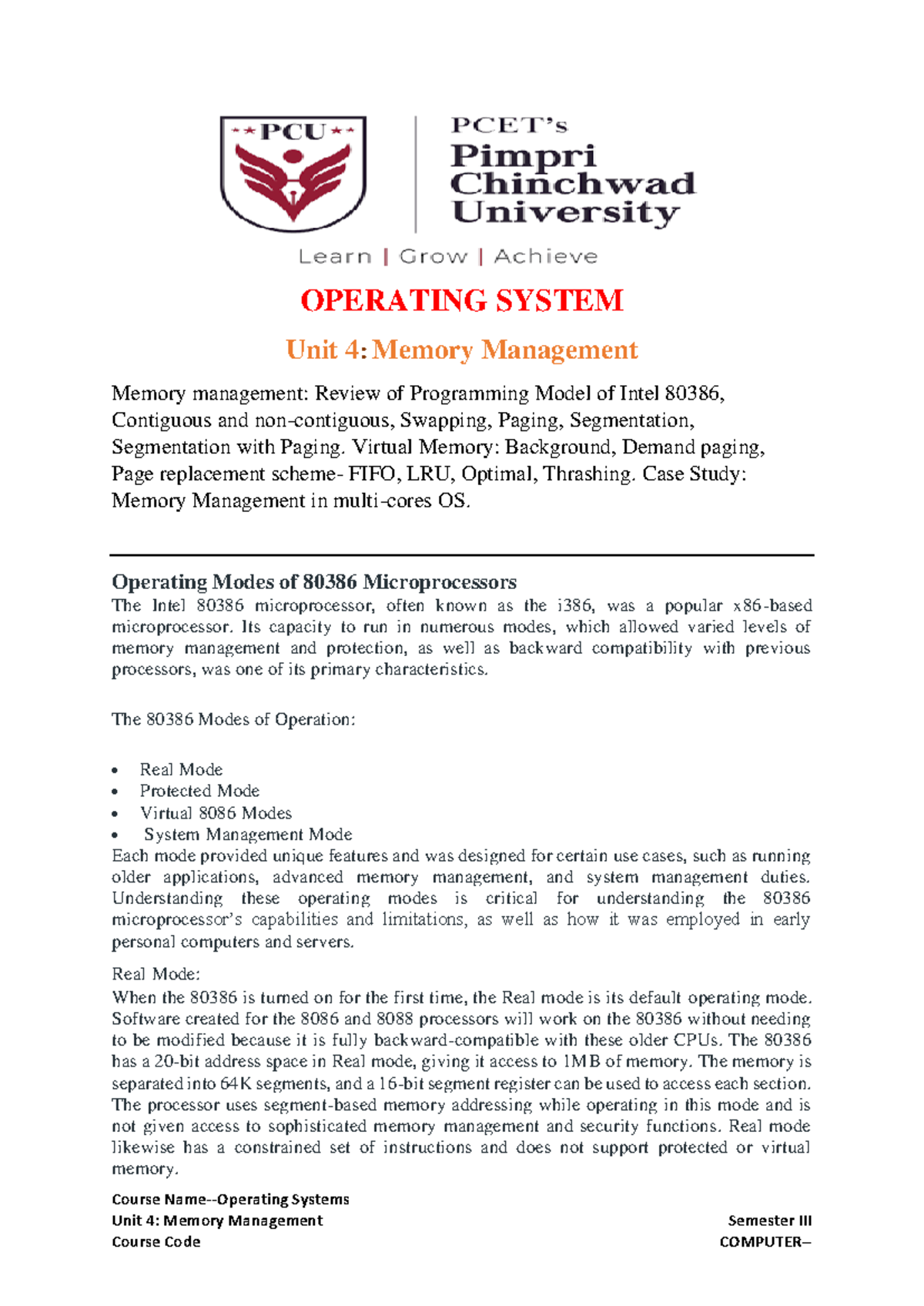 Operating System Unit 4 - Course Name-Operating Systems Unit 4: Memory ...