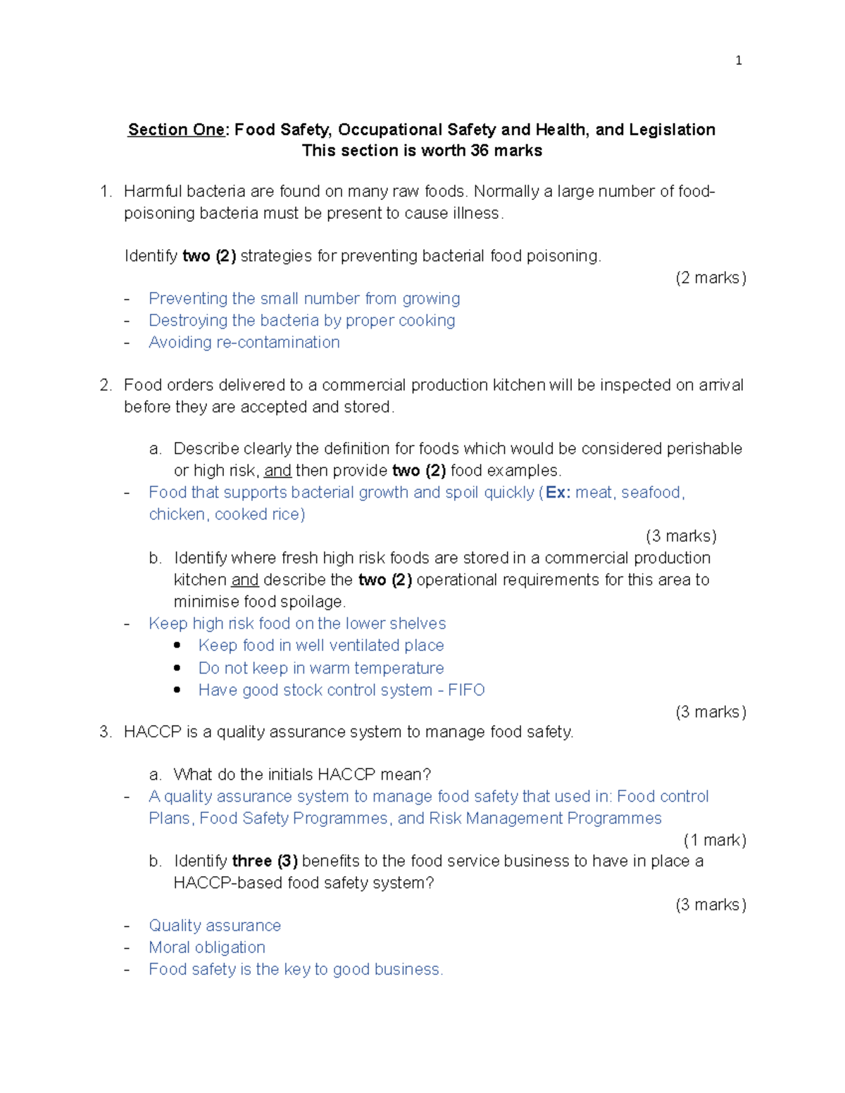 Revision for Final exam - Section One: Food Safety, Occupational Safety ...