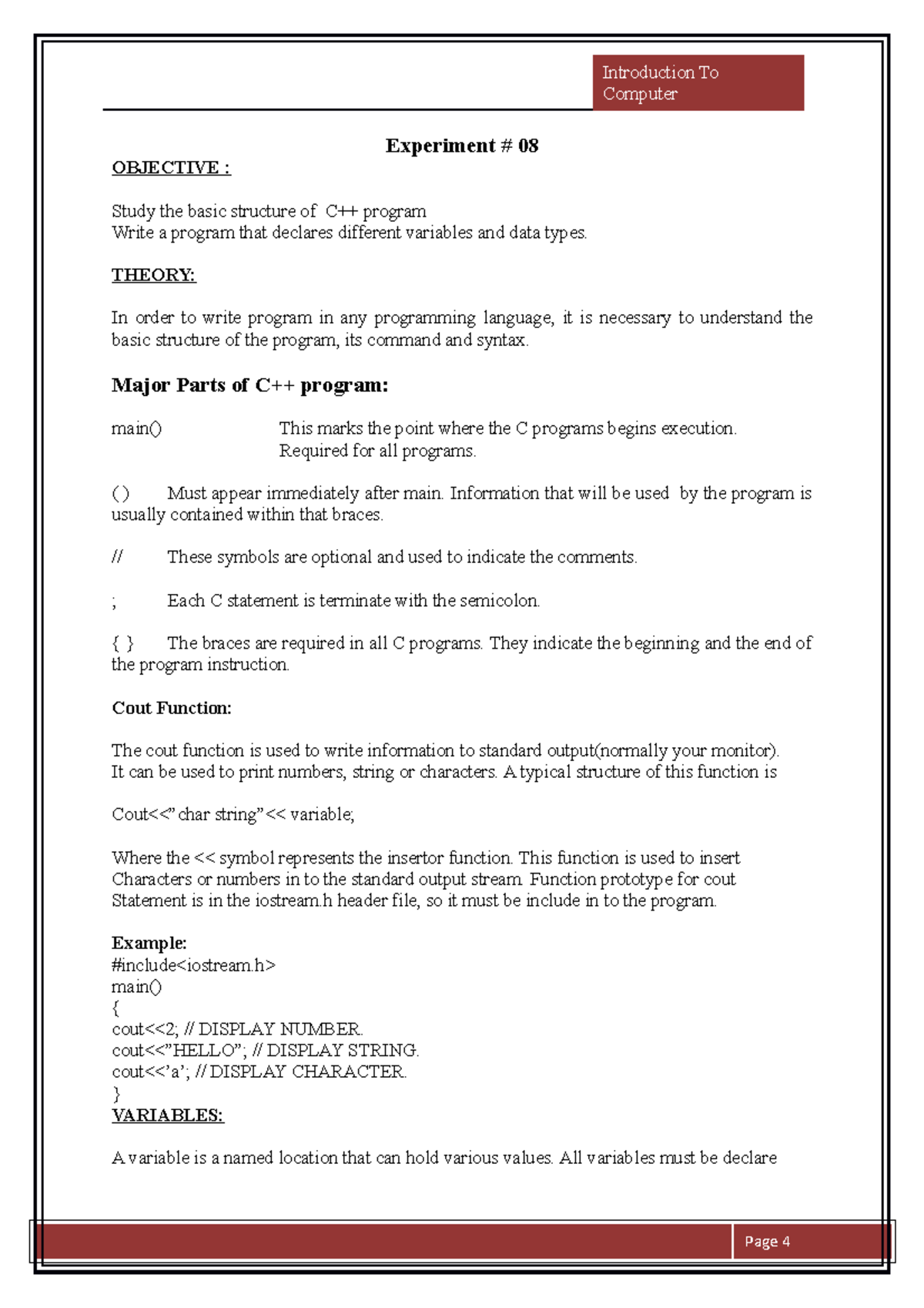 Lab8 - Study the basic structure of C++ program. - Computer Experiment ...