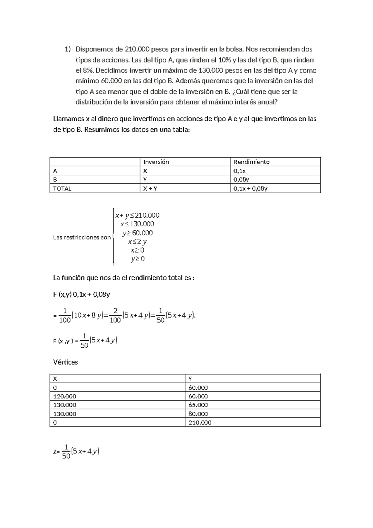 Trabajo Modulo 4 Algebra - 1) Disponemos de 210 pesos para invertir en ...