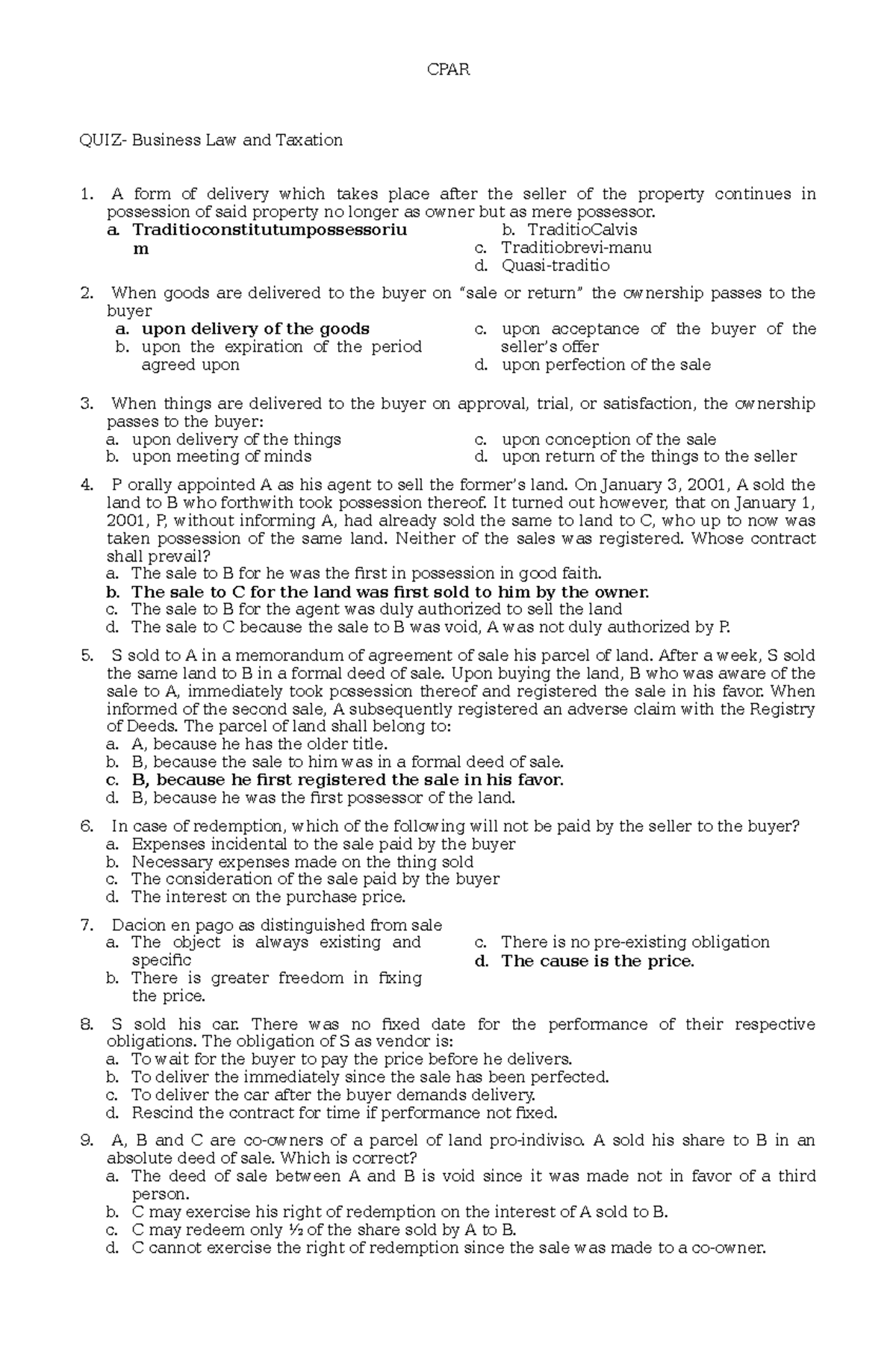 Law on sales and agency CPAR - CPAR QUIZ- Business Law and Taxation A ...