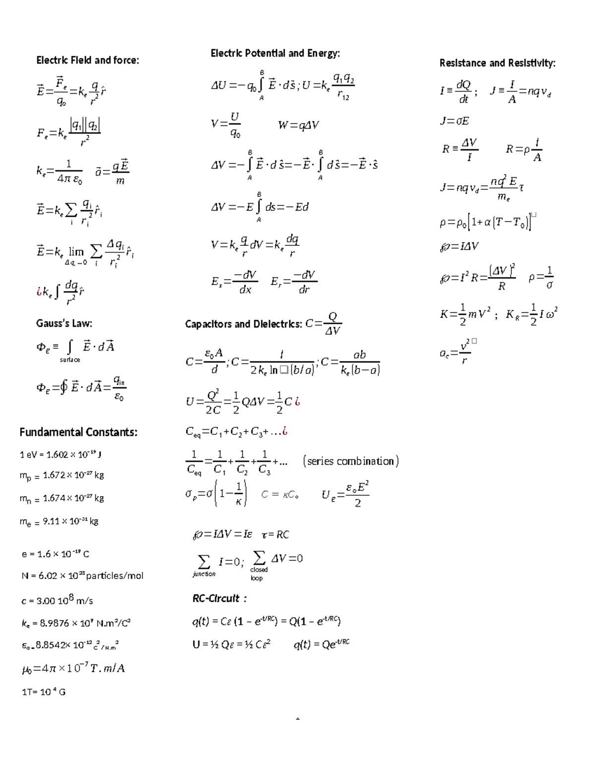 Formulae-sheet-Phys 205 -E-and-M - Midterm - reduced - annotated - With ...