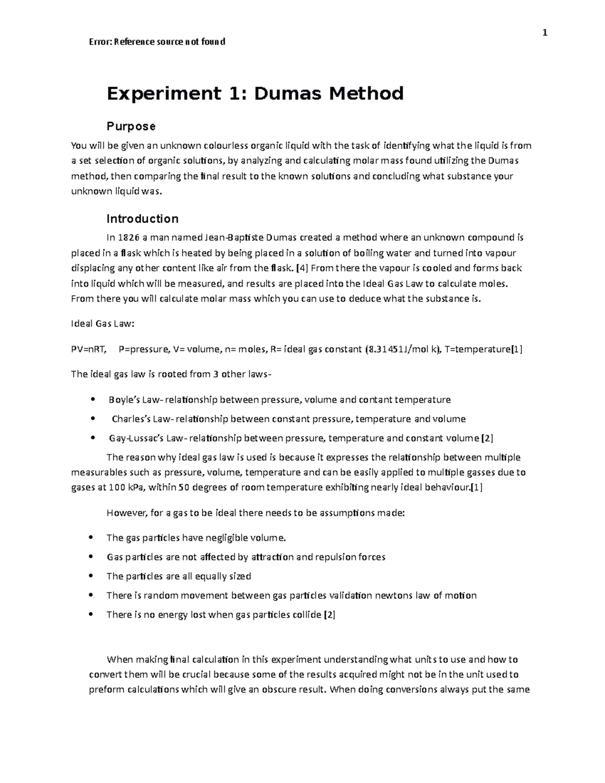 Dumas method lab - Error: Reference source not found Experiment 1 ...