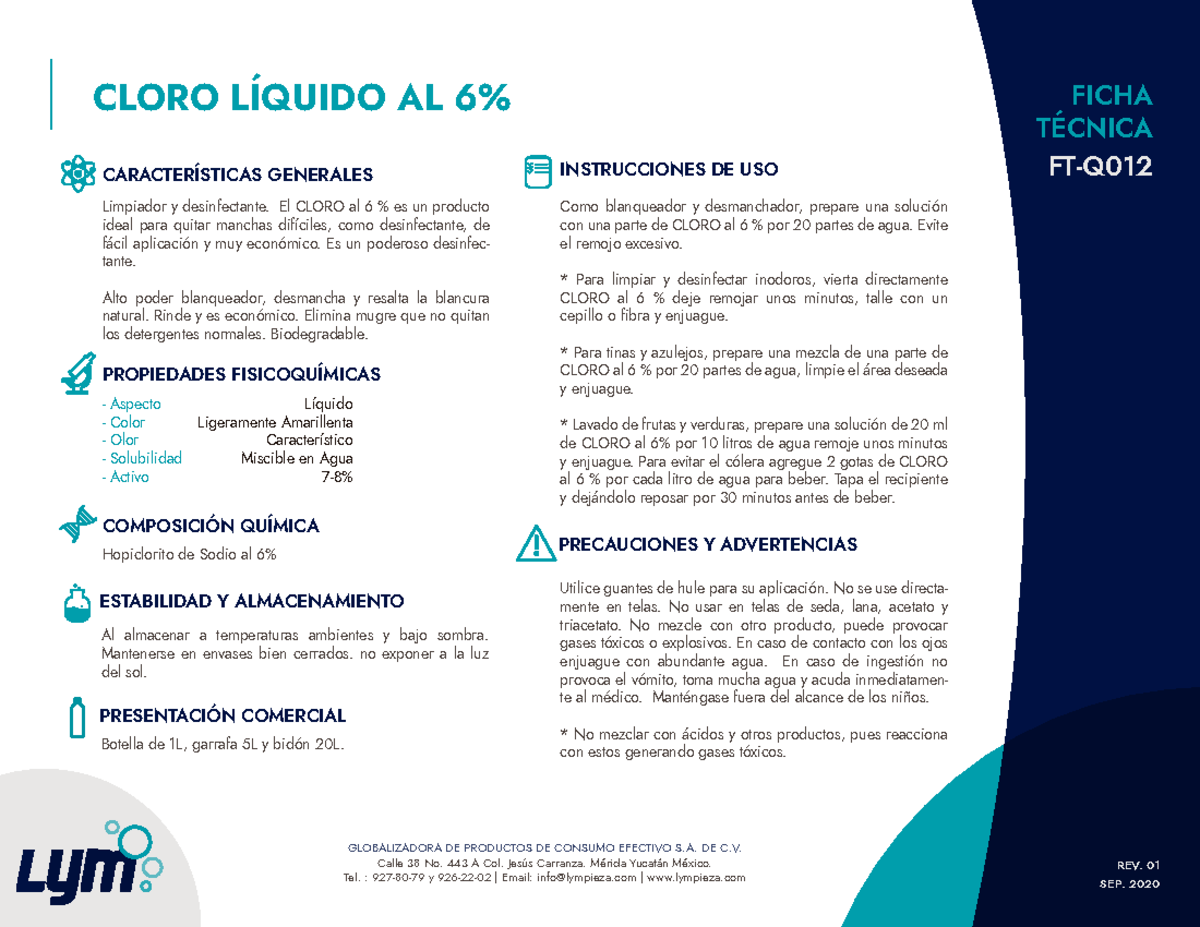 FT Cloro 6% - CLORO LÕQUIDO AL 6% FICHA T.. CARACTERÕSTICAS GENERALES ...