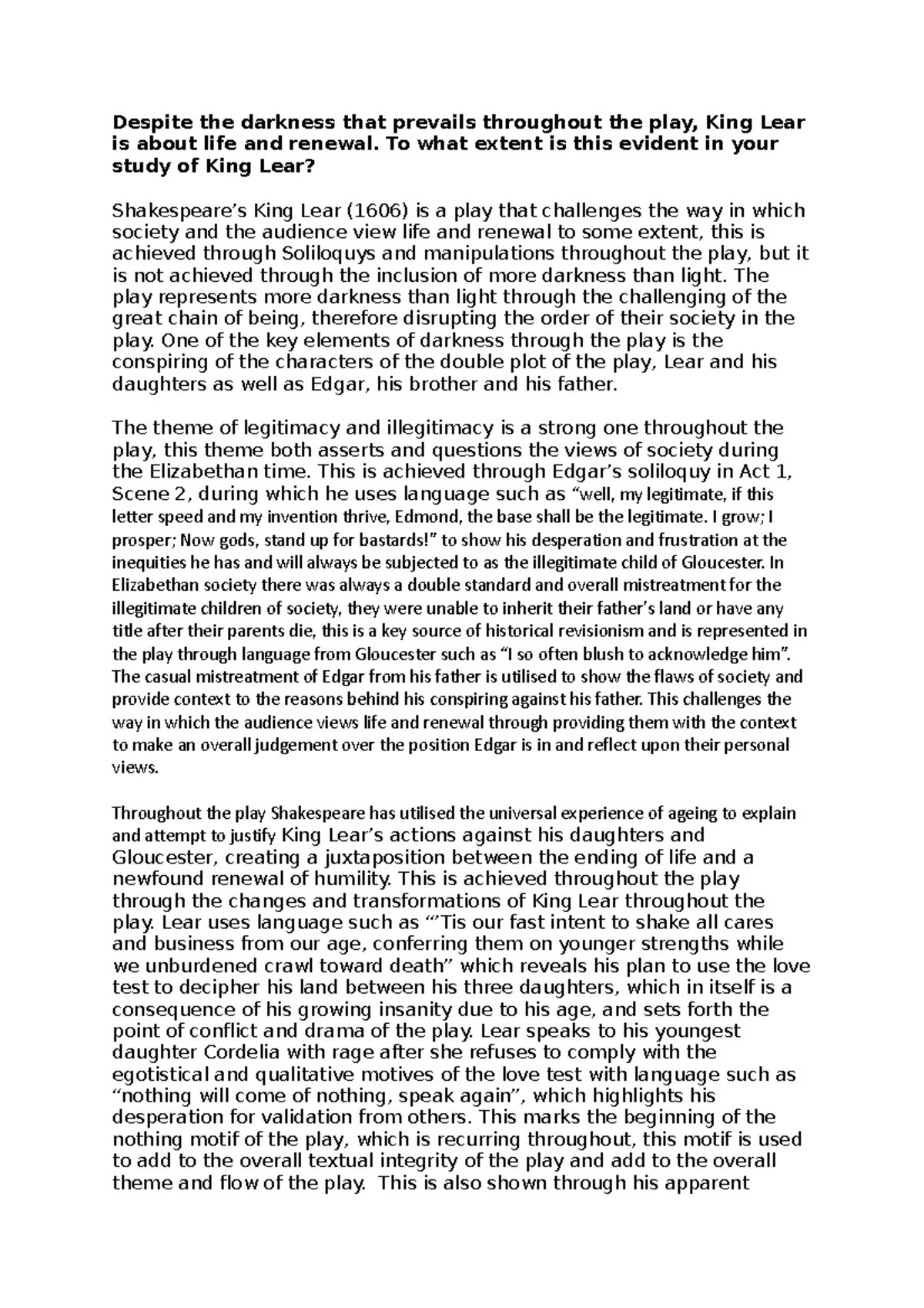 Lear Essay prelim prep - fake - ENGL 150 - Yale - Studocu