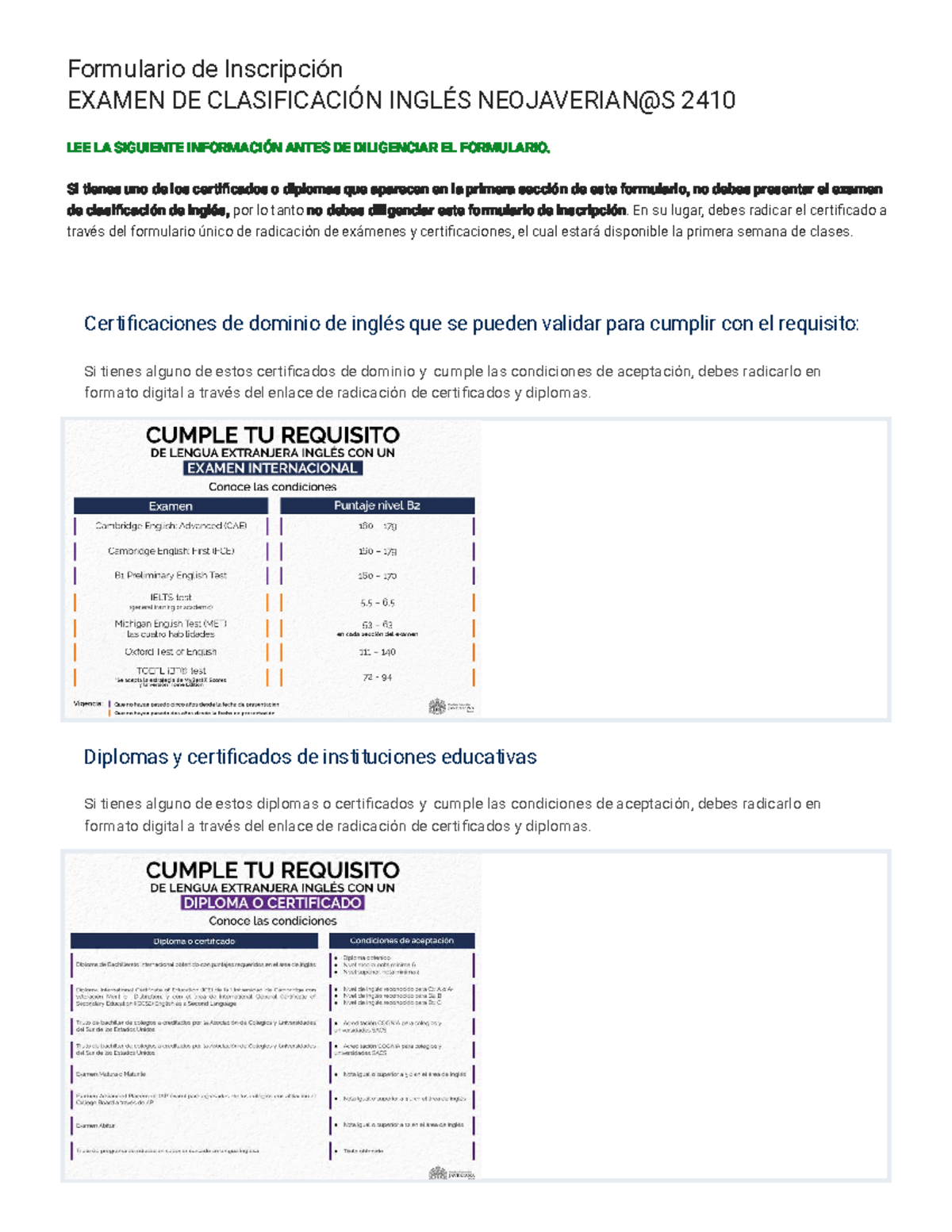 Formulario de Inscripción Examen DE Clasificación Inglés Neojaverian@S ...