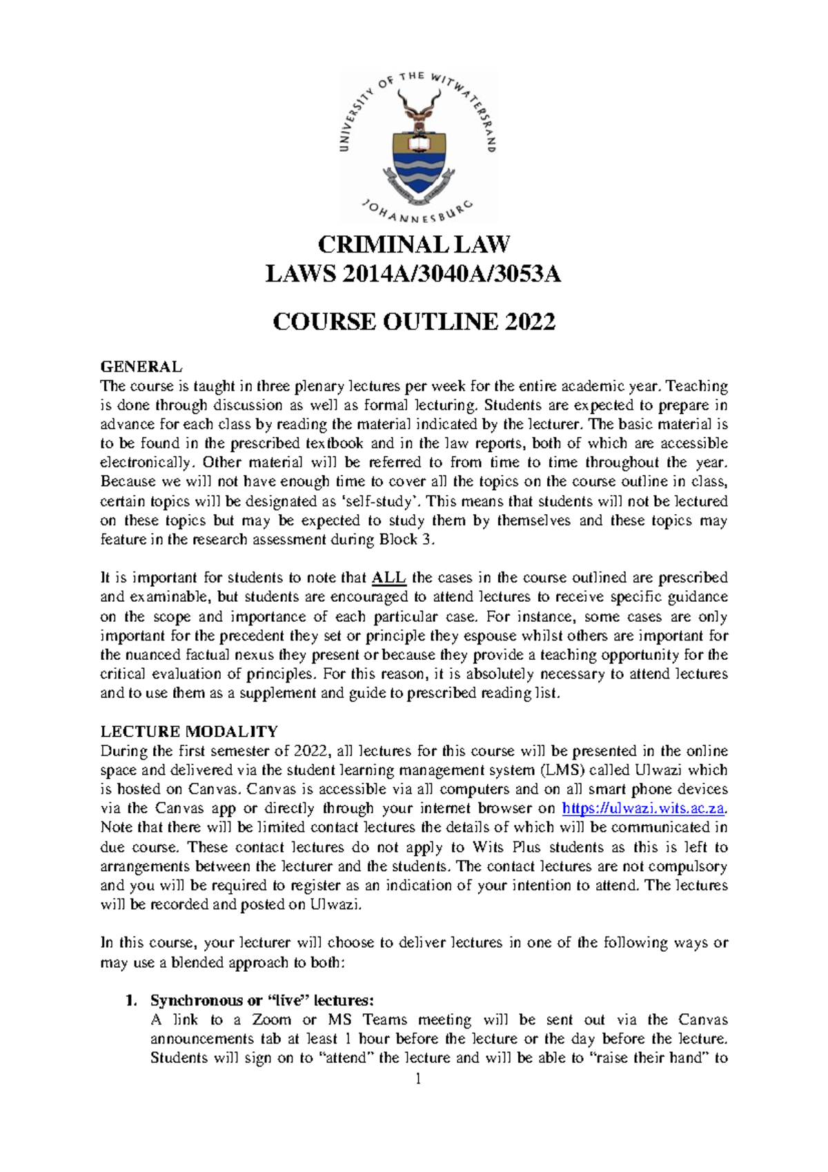 Course Outline (2022) PDF 1 - CRIMINAL LAW LAWS 2014A/3040A/3053A ...