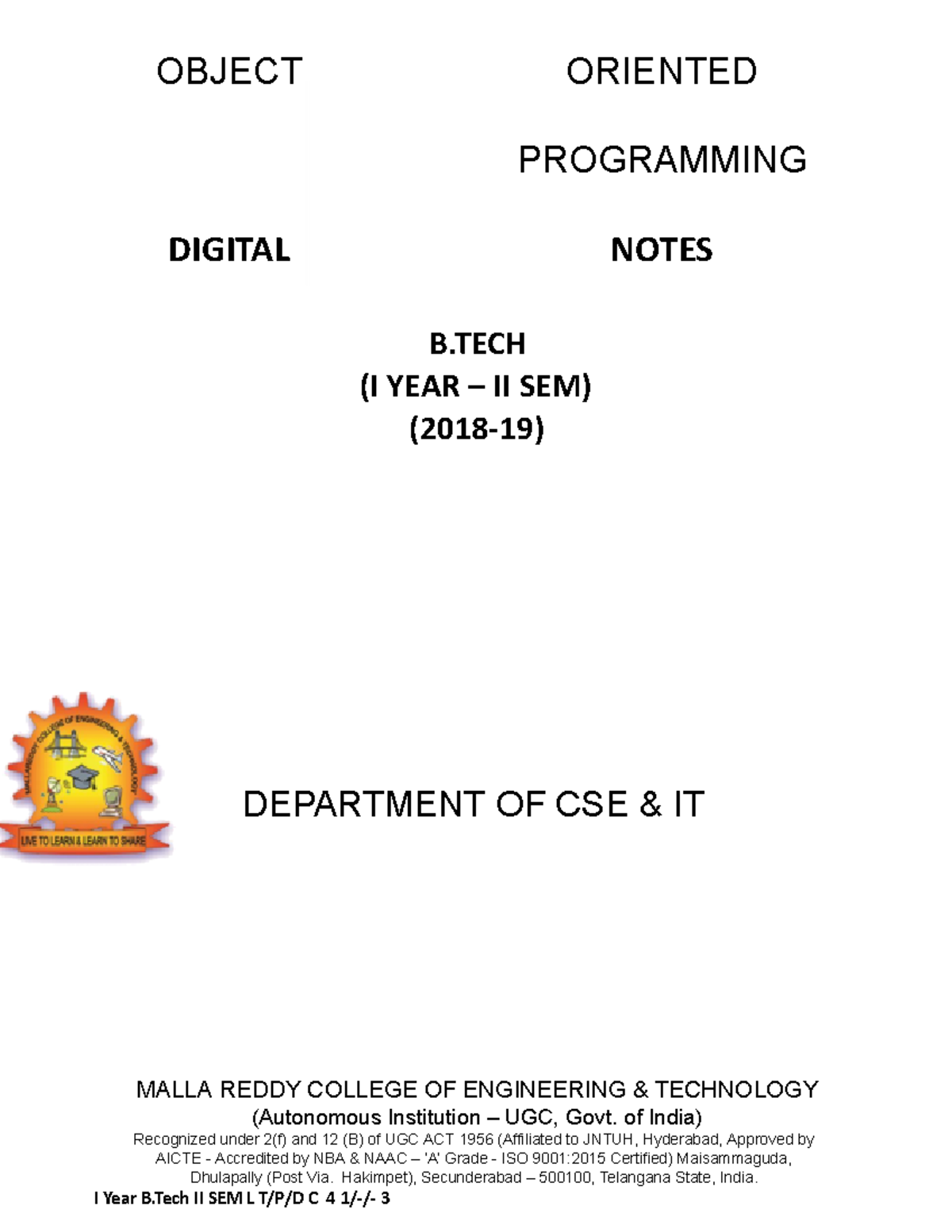 OOP programming - OBJECT ORIENTED PROGRAMMING DIGITAL NOTES B (I YEAR ...