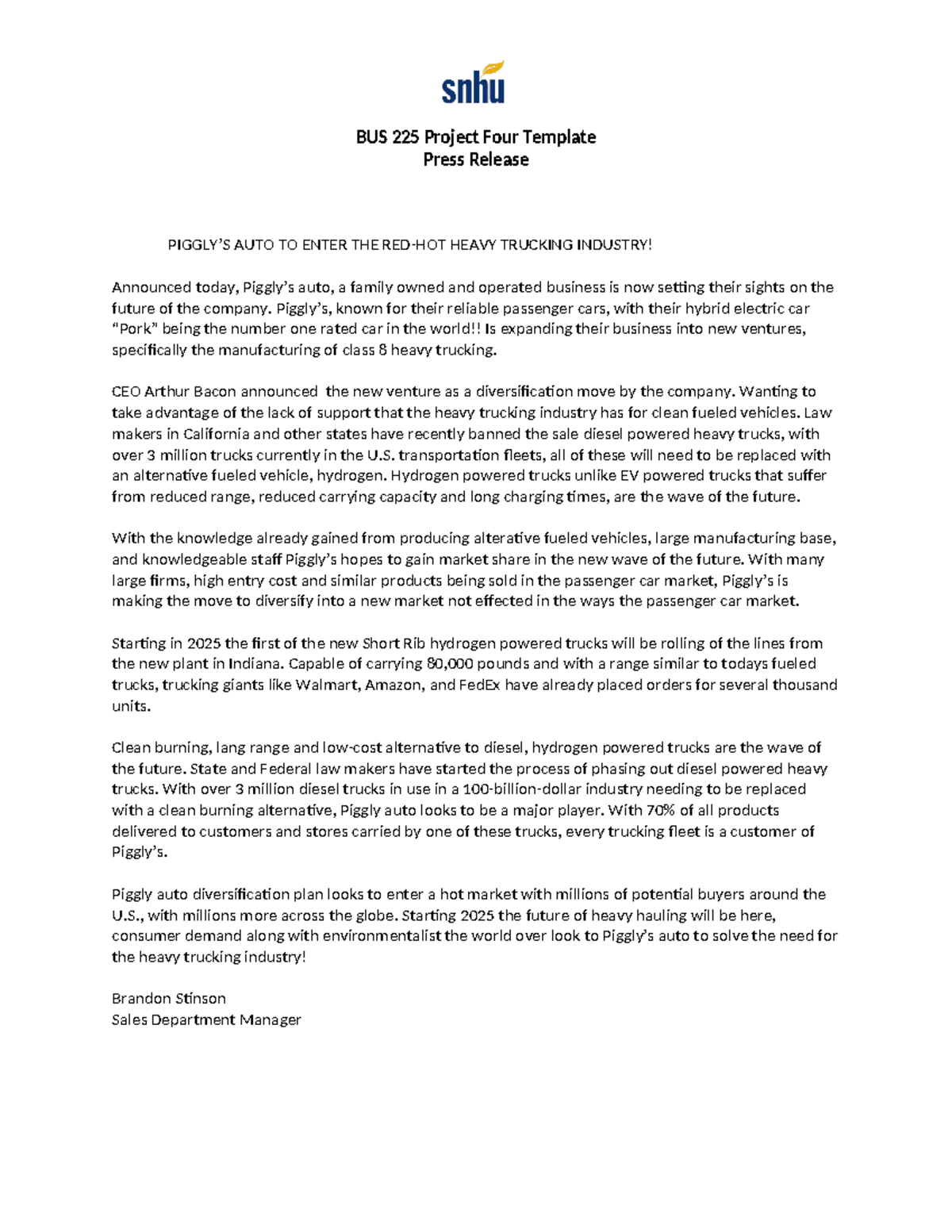 BUS 225 Project Four - BUS 225 Project Four Template Press Release ...
