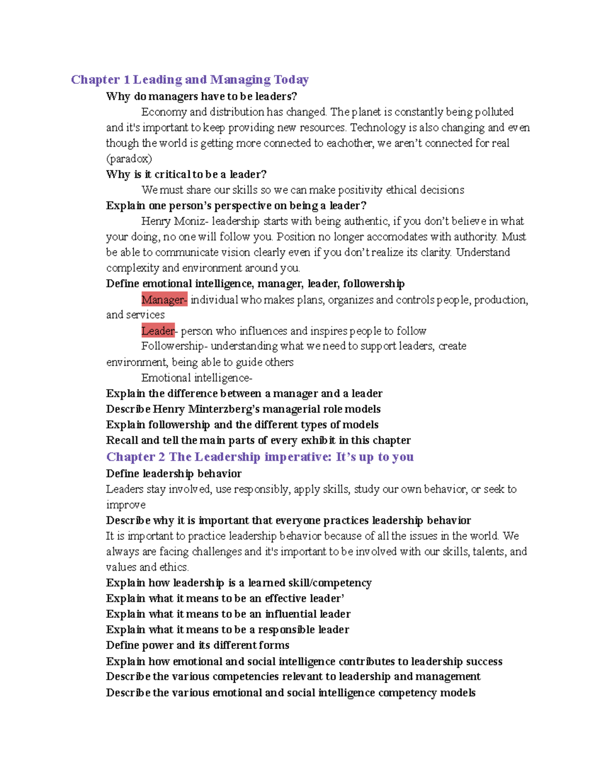 Management Study Guide Midterm - Chapter 1 Leading and Managing Today ...