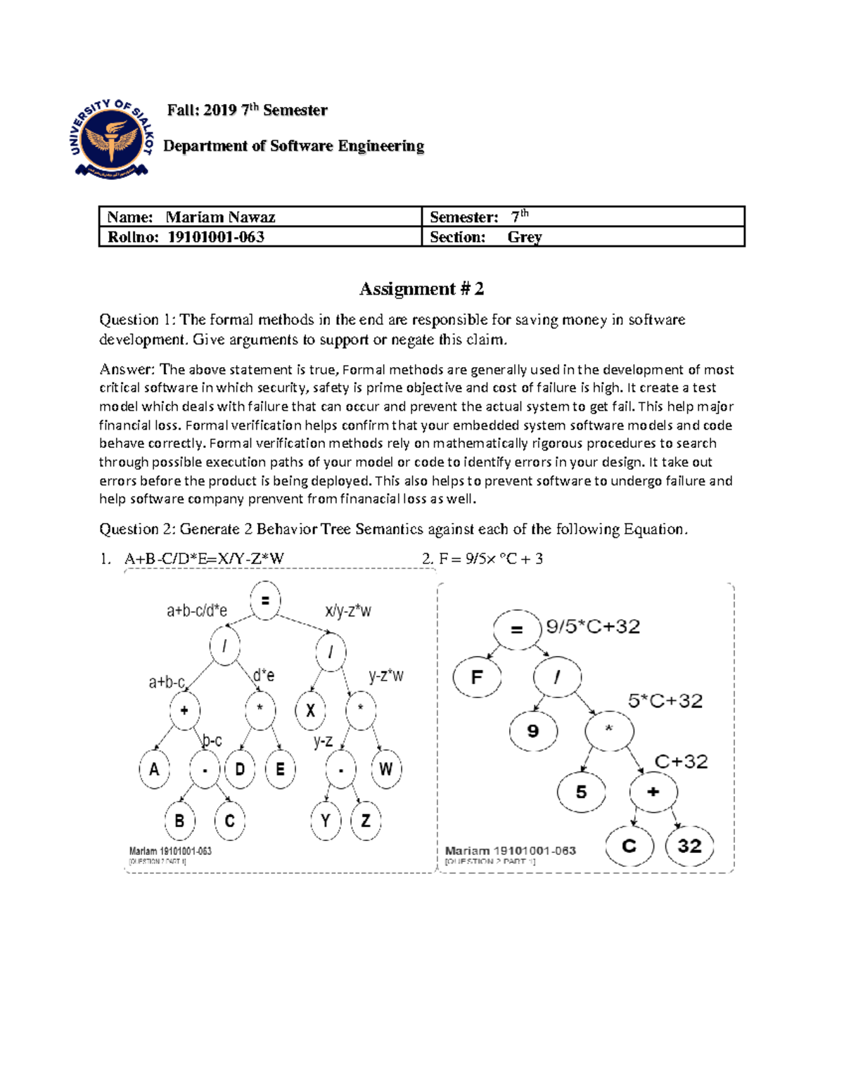 Mariam fm ass2 - dssdsd - Fall: 2019 7th Semester Department of ...