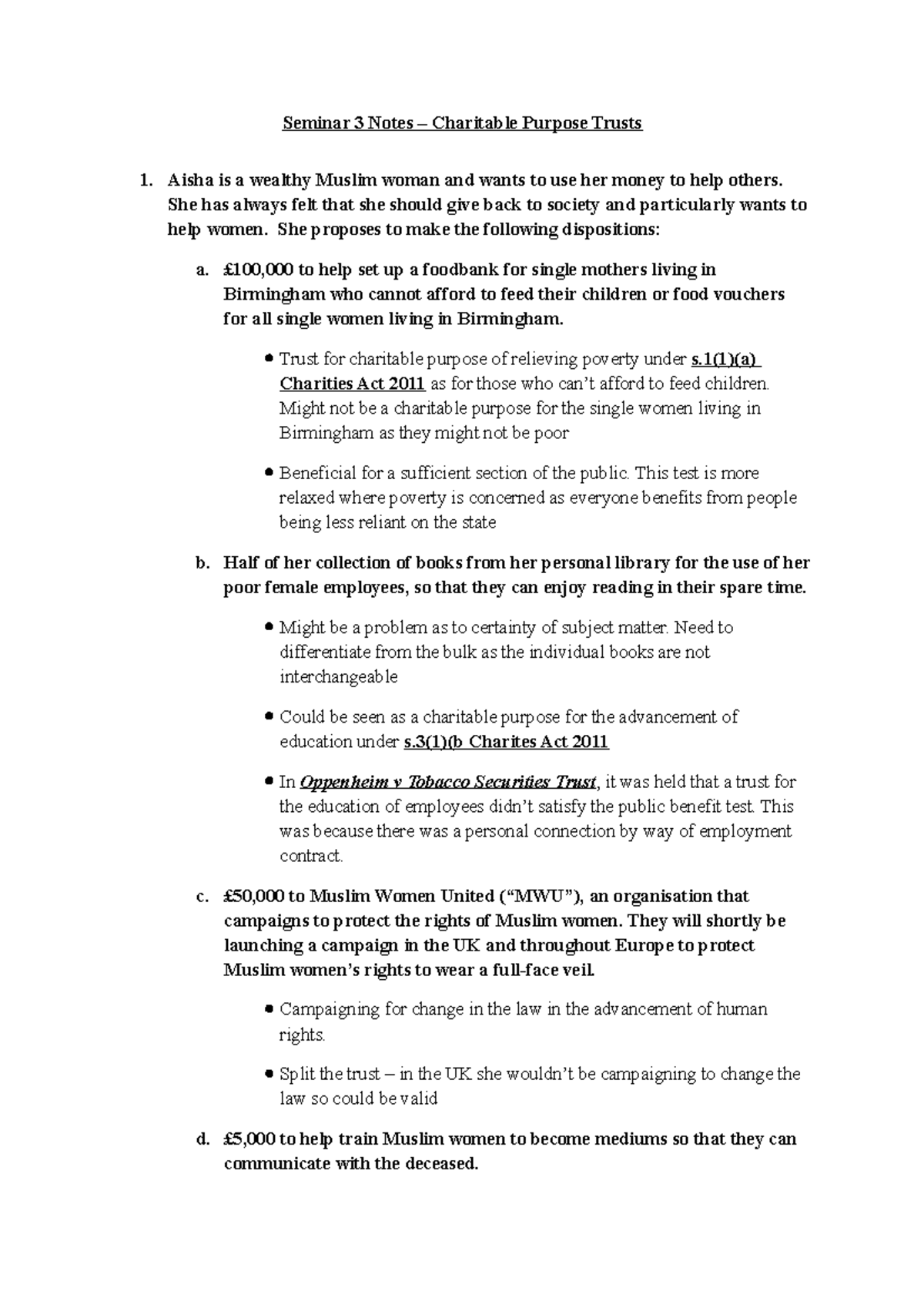 Seminar 3 Notes - Charitable Purpose Trusts - Seminar 3 Notes ...