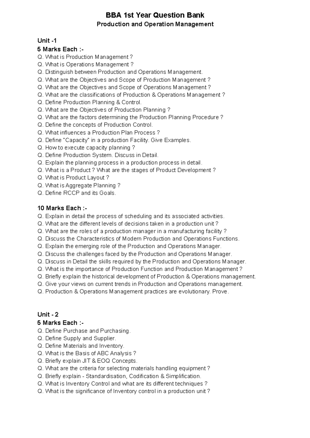 POM Question Bank - BBA 1st Year Question Bank Production and Operation ...