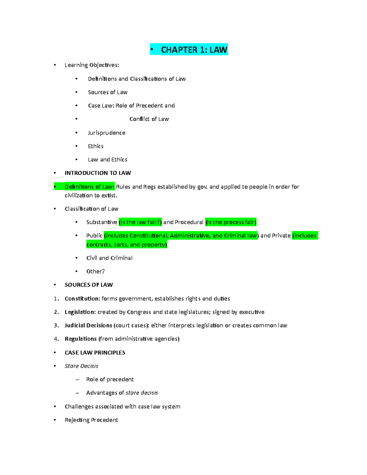 Bu L exam 1 - study guide for exam 1 - • CHAPTER 1: LAW Learning ...