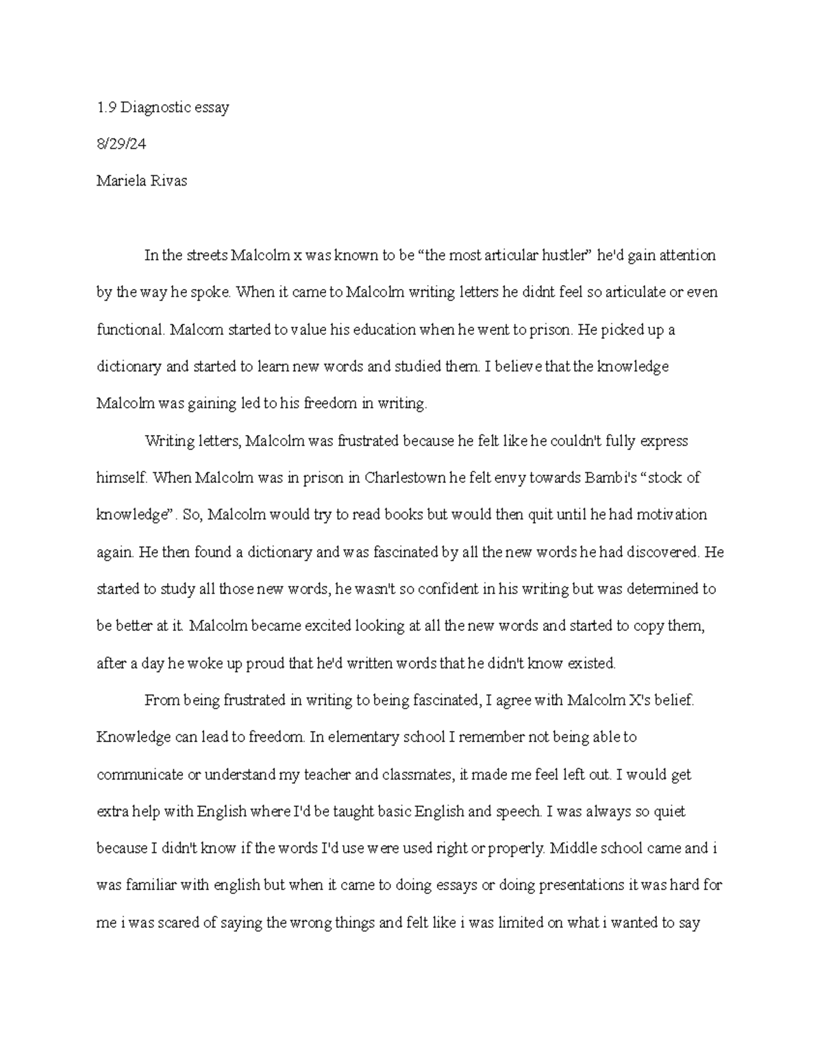 1.9 diagnostic essay - ,,,, - 1 Diagnostic essay 8/29/ Mariela Rivas In ...