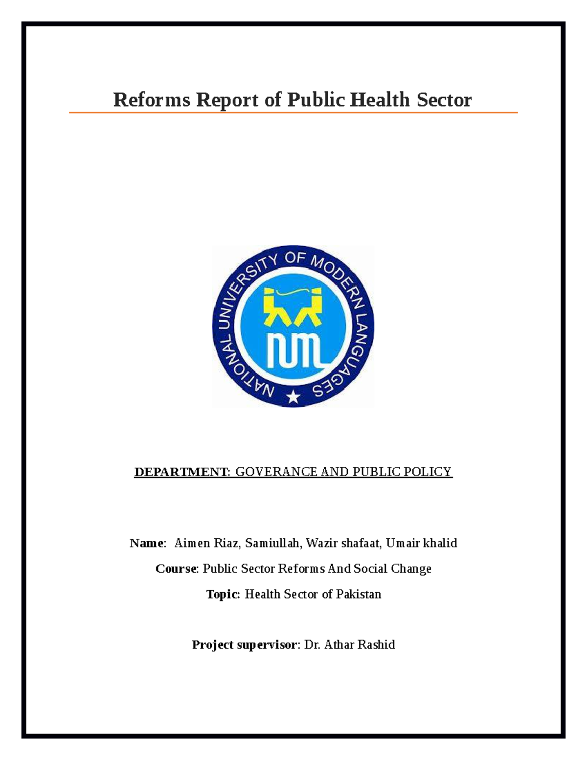 Reforms Report of Public Health Sector - Reforms Report of Public ...