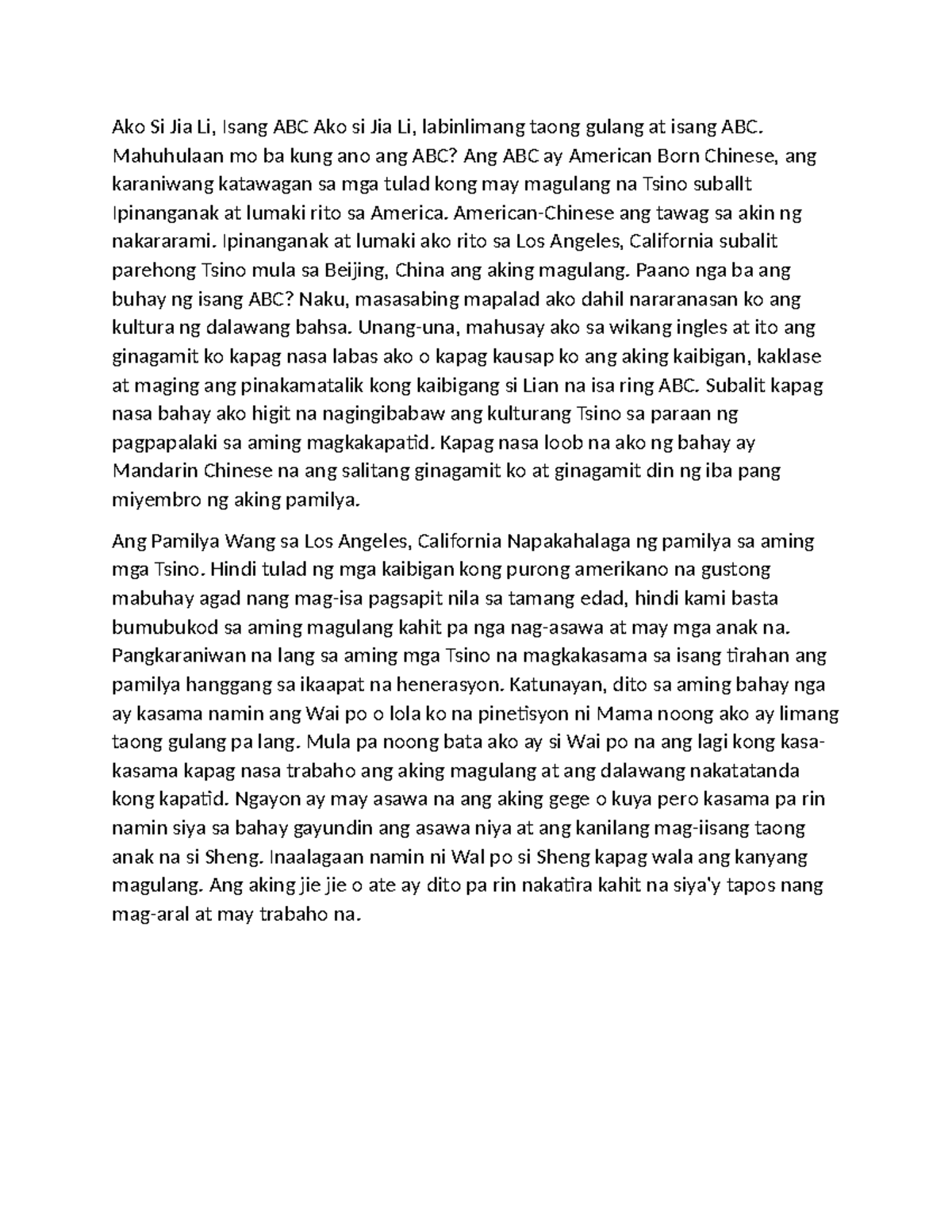 Week3 - to help with my review - Ako Si Jia Li, Isang ABC Ako si Jia Li, labinlimang taong ...