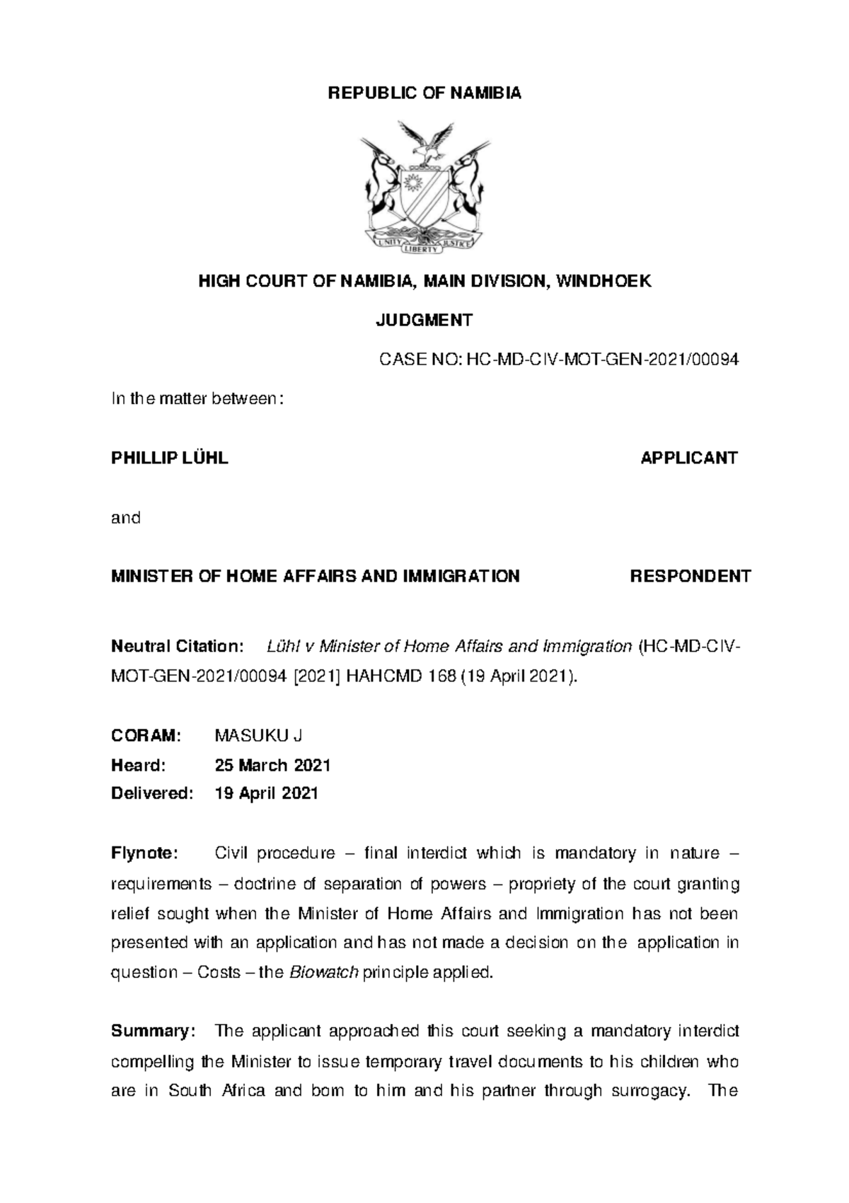 2021-nahcmd-168 - SSLRP - REPUBLIC OF NAMIBIA HIGH COURT OF NAMIBIA ...