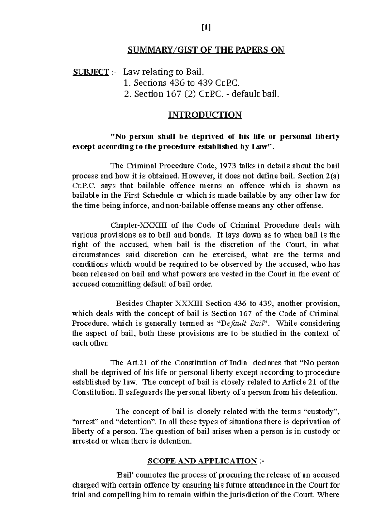Law Relating To Bail Law Bail SUMMARY GIST OF THE PAPERS ON SUBJECT