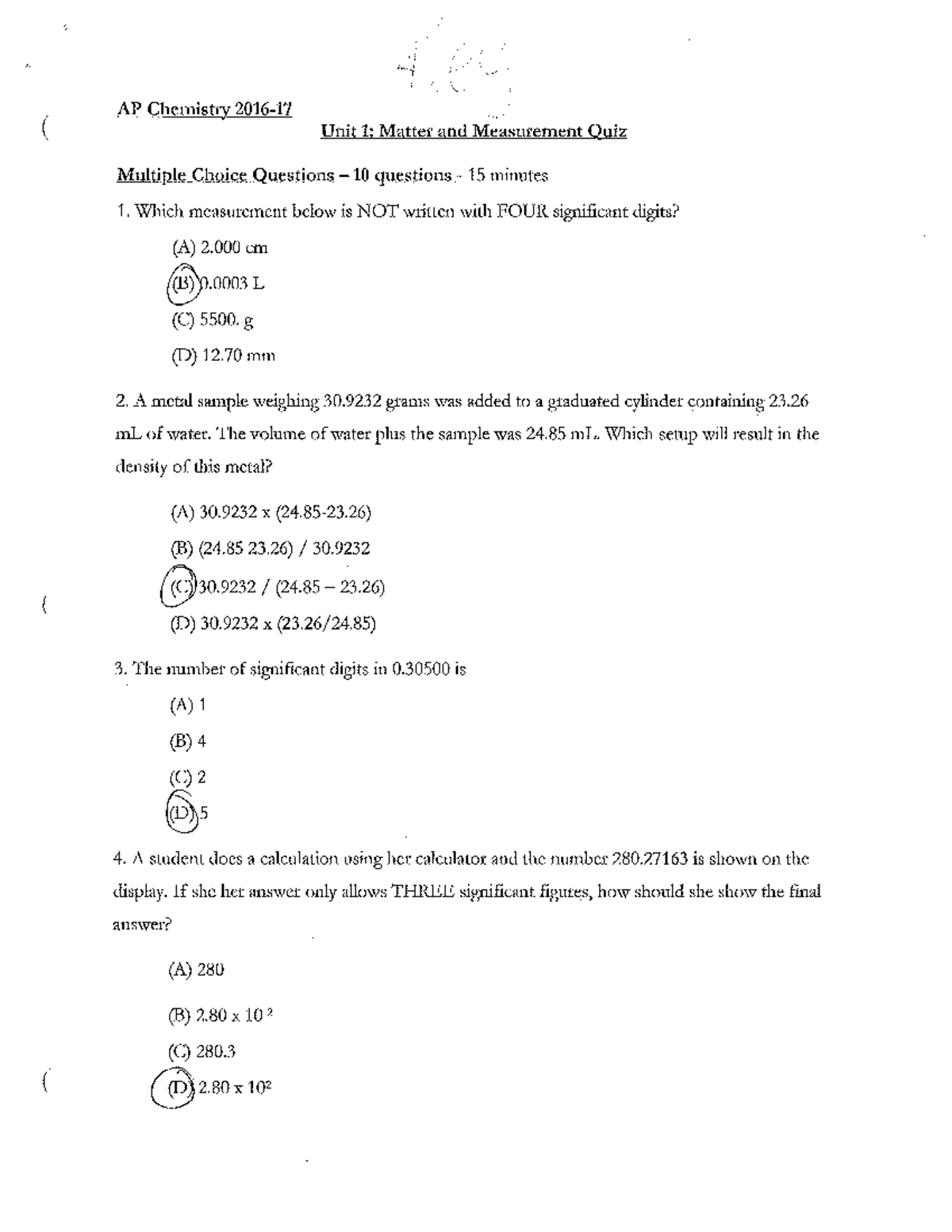 Molarity worksheet - AP Chemistry Unit 1: Matter and Measurement Quiz ...
