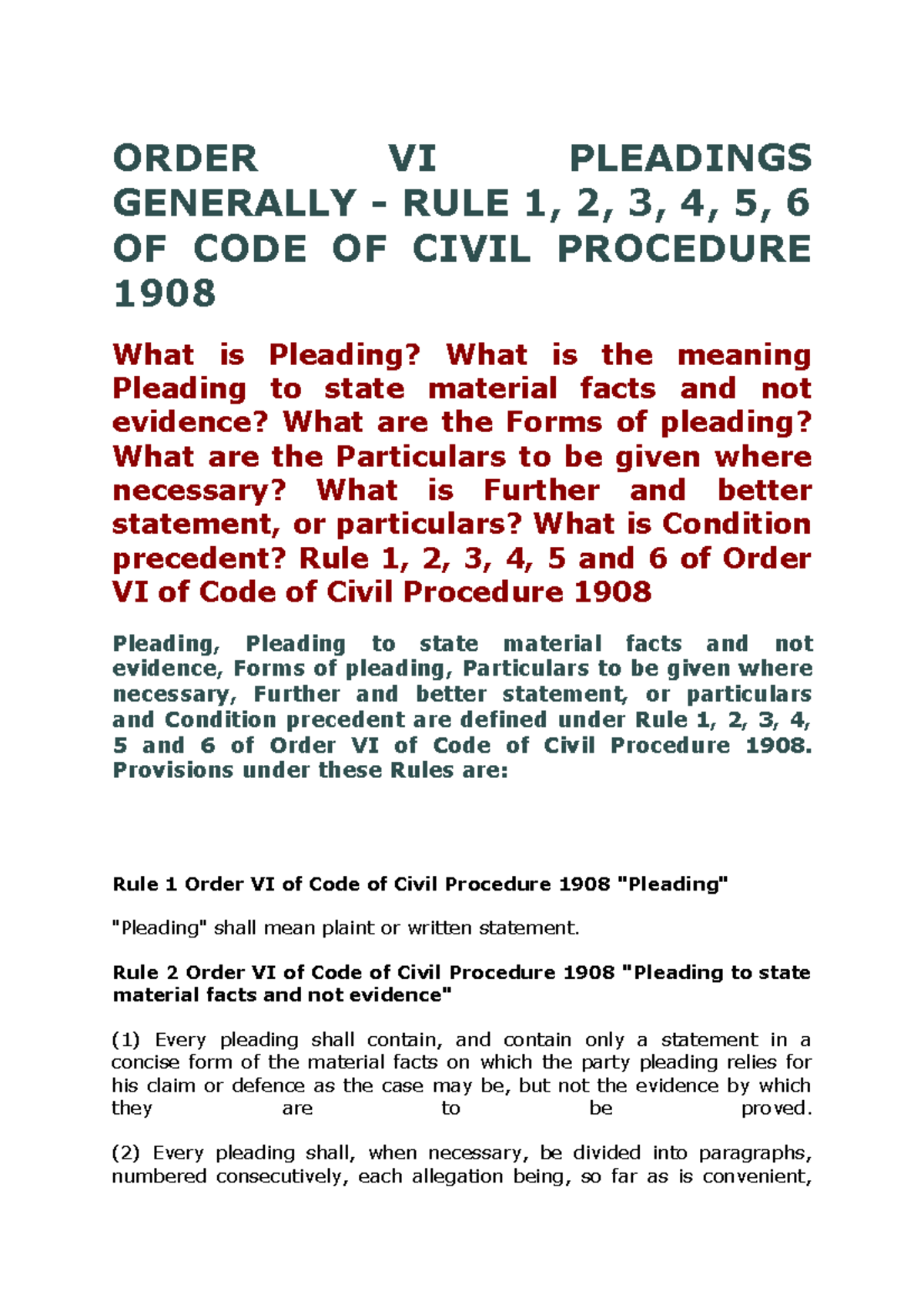 Order VI Pleadings Generally - ORDER VI PLEADINGS GENERALLY - RULE 1, 2 ...