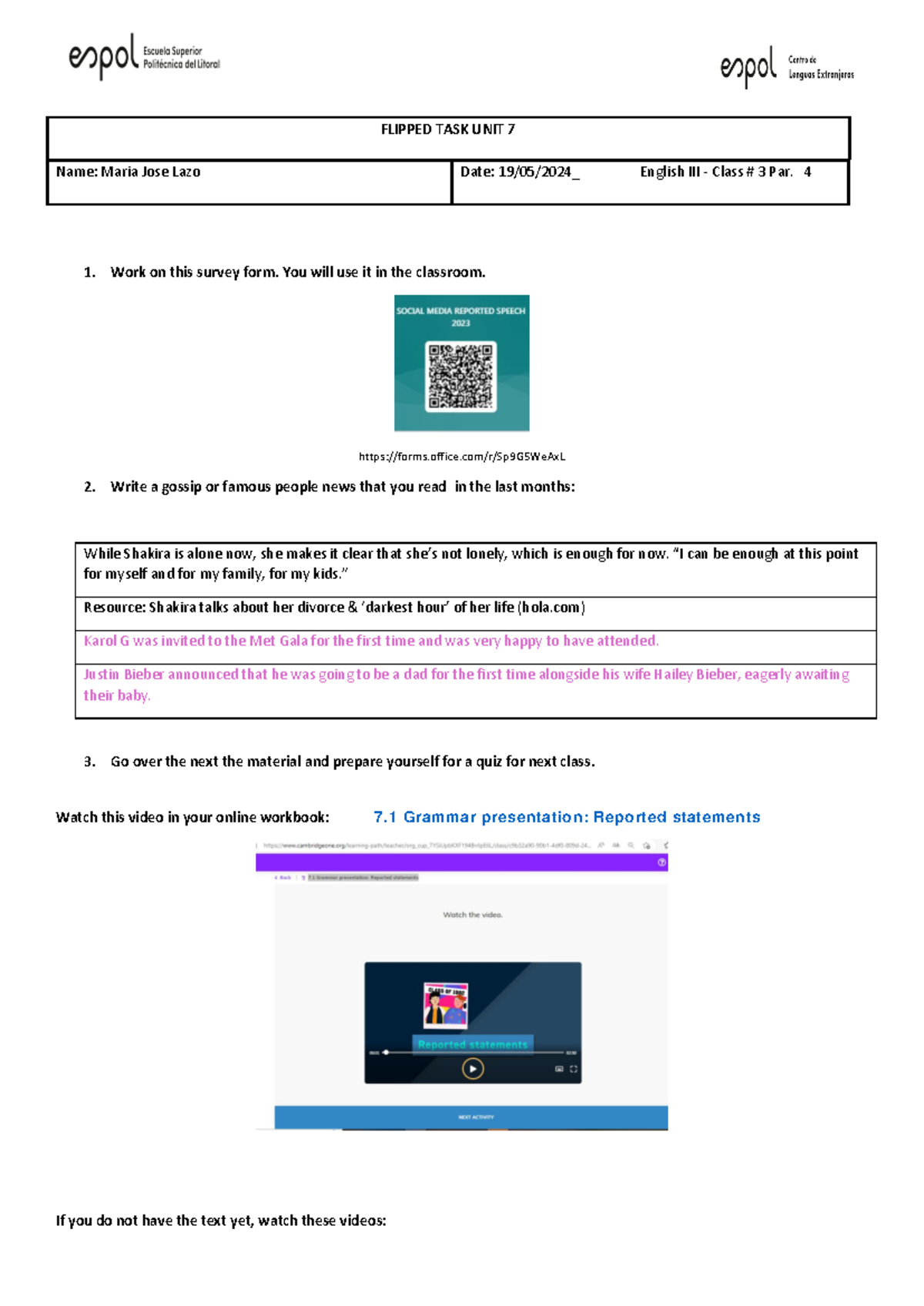 Flipped Evolve TASK UNIT 7 - FLIPPED TASK UNIT 7 Name: Maria Jose Lazo ...