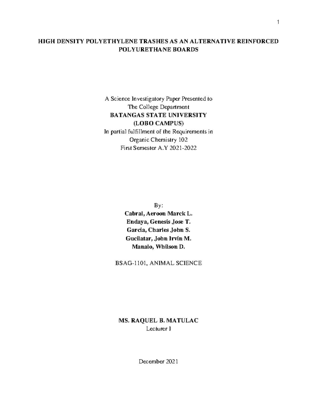 Science Investigatory Paper Group ONE kanda - HIGH DENSITY POLYETHYLENE ...