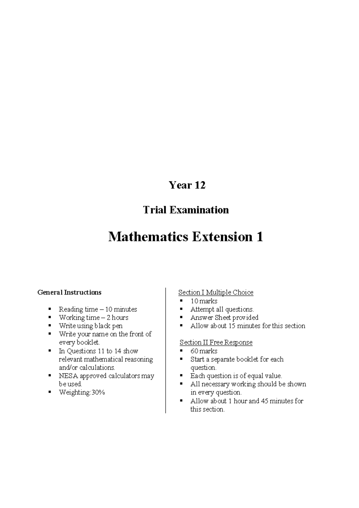 Year 12 Extension 1 Exam - Year 12 Trial Examination Mathematics ...