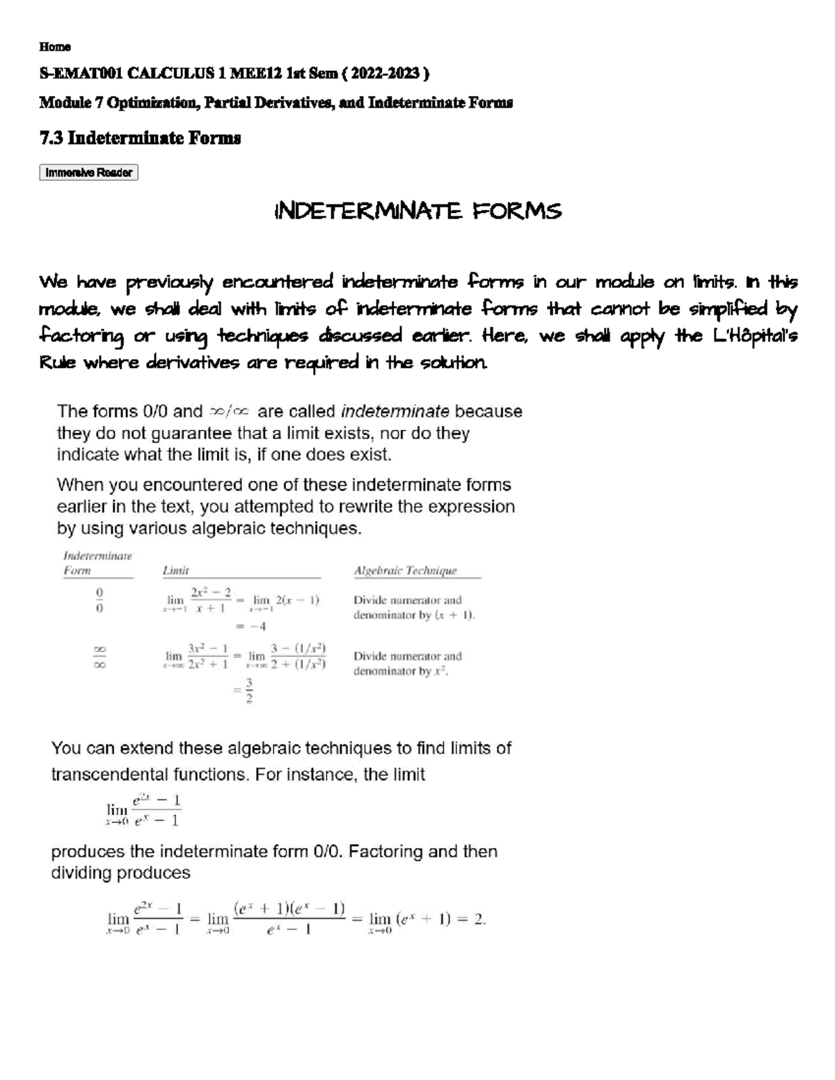 7.3 Indeterminate Forms - Calculus 1 - Studocu