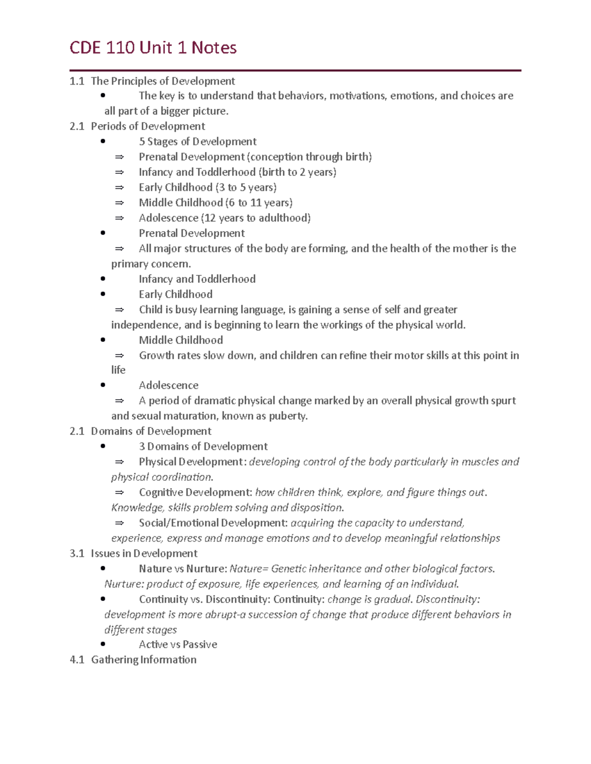 CDE 110 Unit 1 Notes Child Development CDE-118 - CDE 110 Unit 1 Notes 1 ...