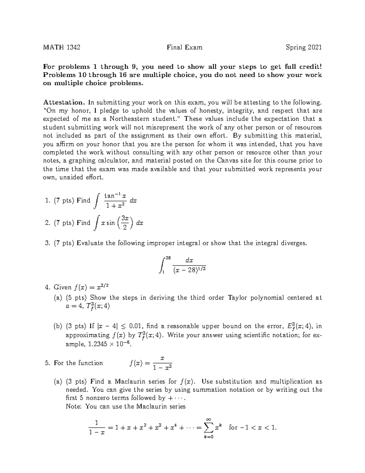 1342 Final Spring 2021 - MATH 1342 Final Exam Spring 2021 For problems 1 through 9, you need to ...
