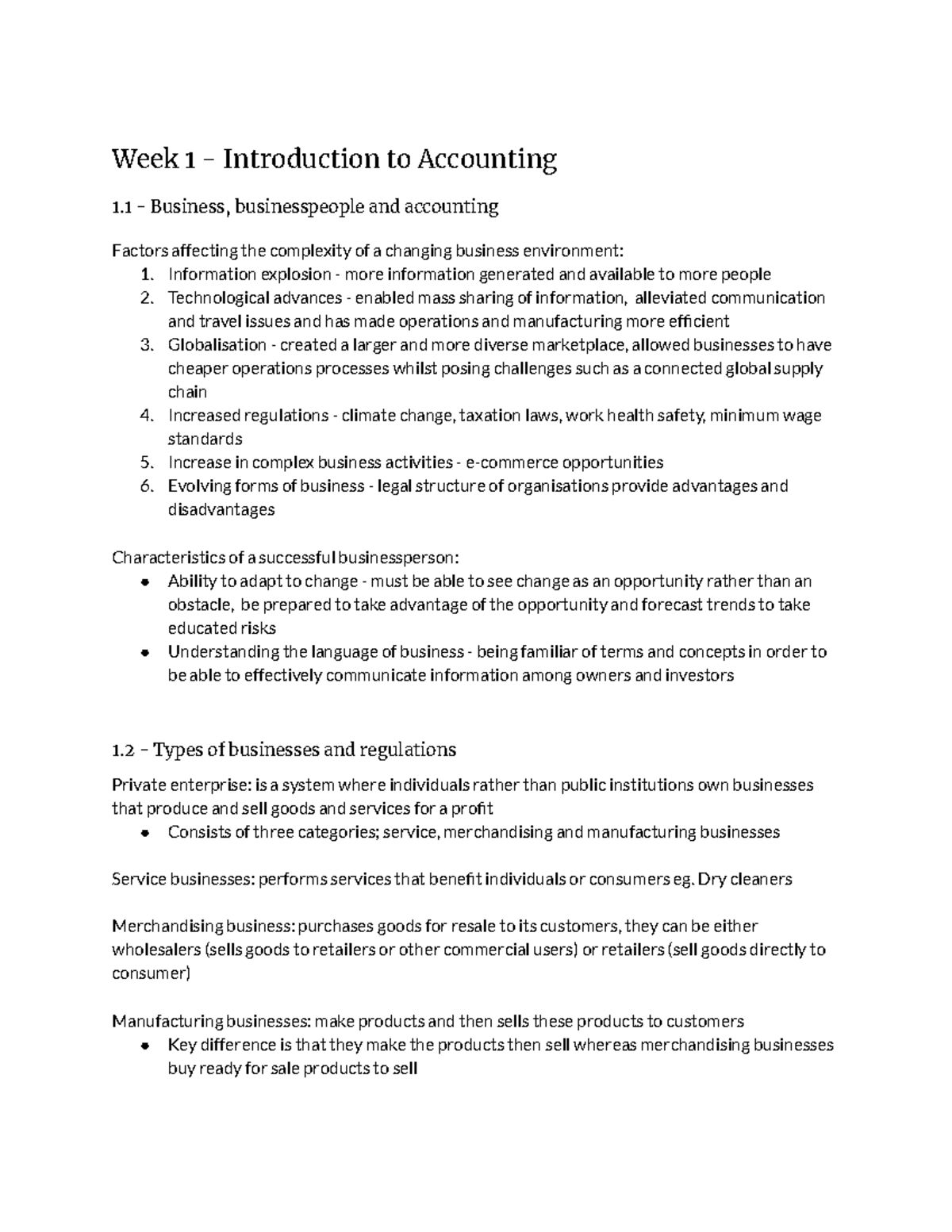 intro accounting Module Notes - Week 1 - Introduction to Accounting 1 ...