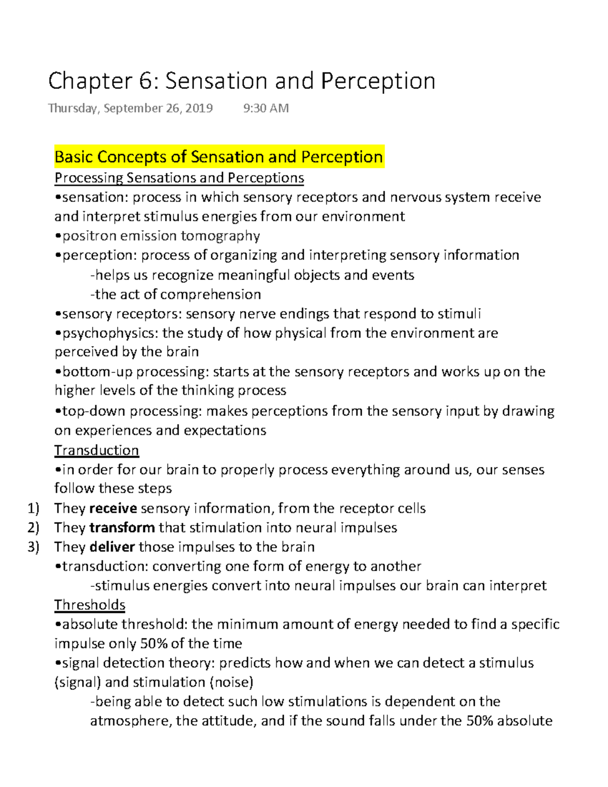 Chapter 6 Sensation and Perception - Basic Concepts of Sensation and ...