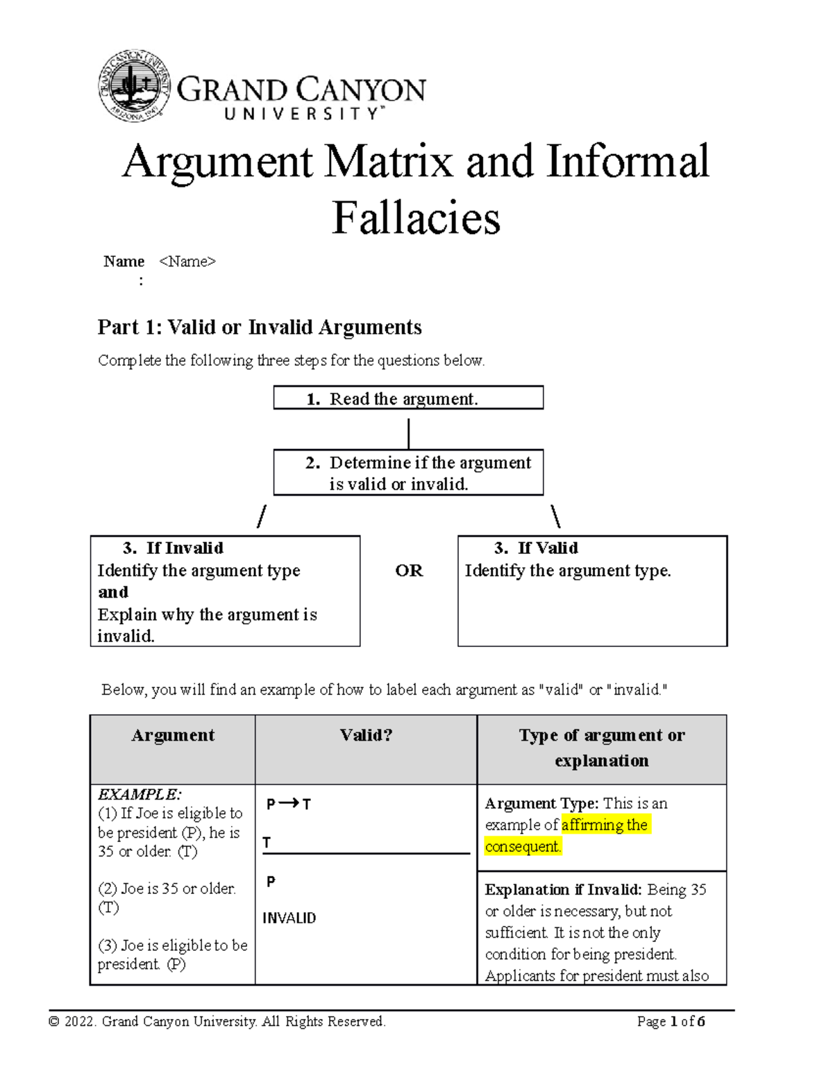 Phil- 103 Argument Matrix Informal Fallacies - Argument Matrix and Informal Fallacies Name ...