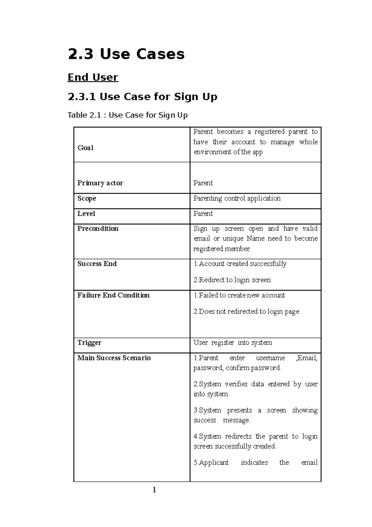 Use Cases - data of computer - 2 Use Cases End User 2.3 Use Case for Sign Up Table 2 : Use Case ...