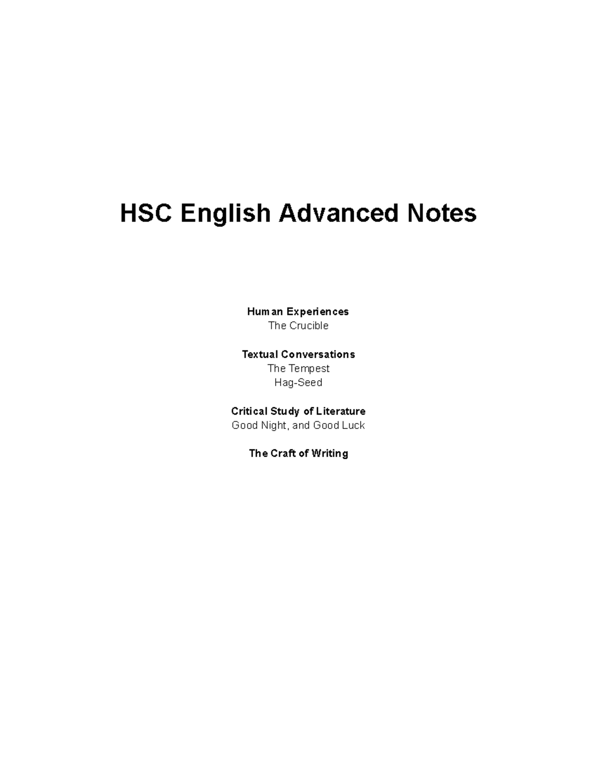 English Advanced Notes by T. James - HSC English Advanced Notes Human ...