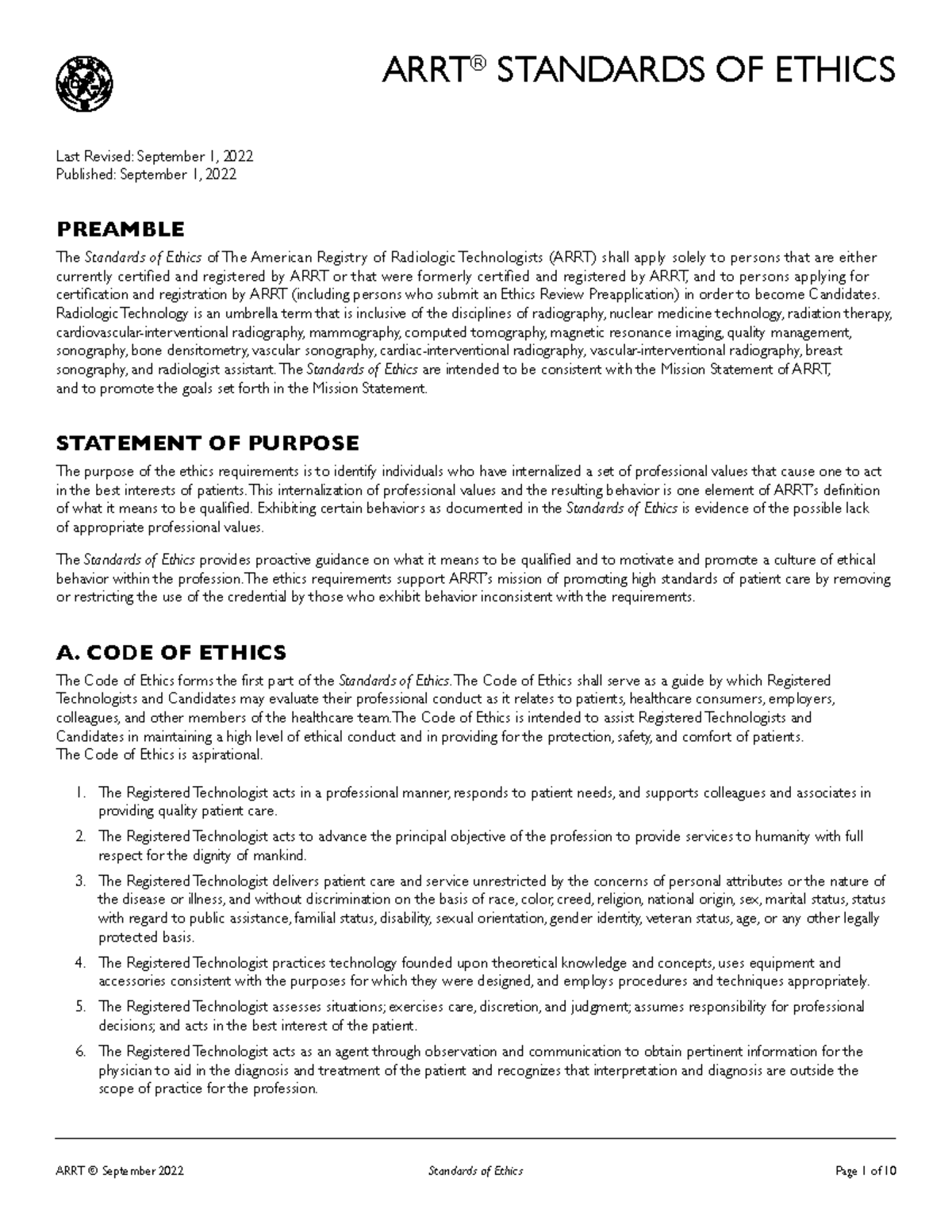 Arrt standards of ethics - Last Revised: September 1, 2022 Published ...