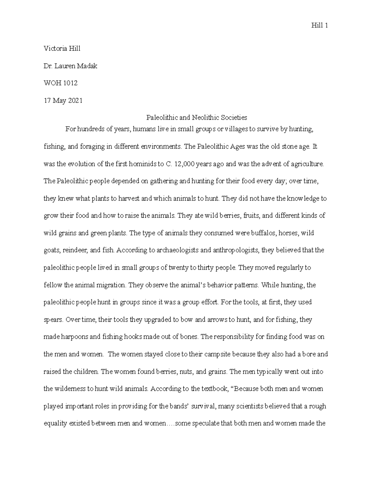 Essay Assignment 1 Paleolithic and Neolithic Societies - Victoria Hill ...