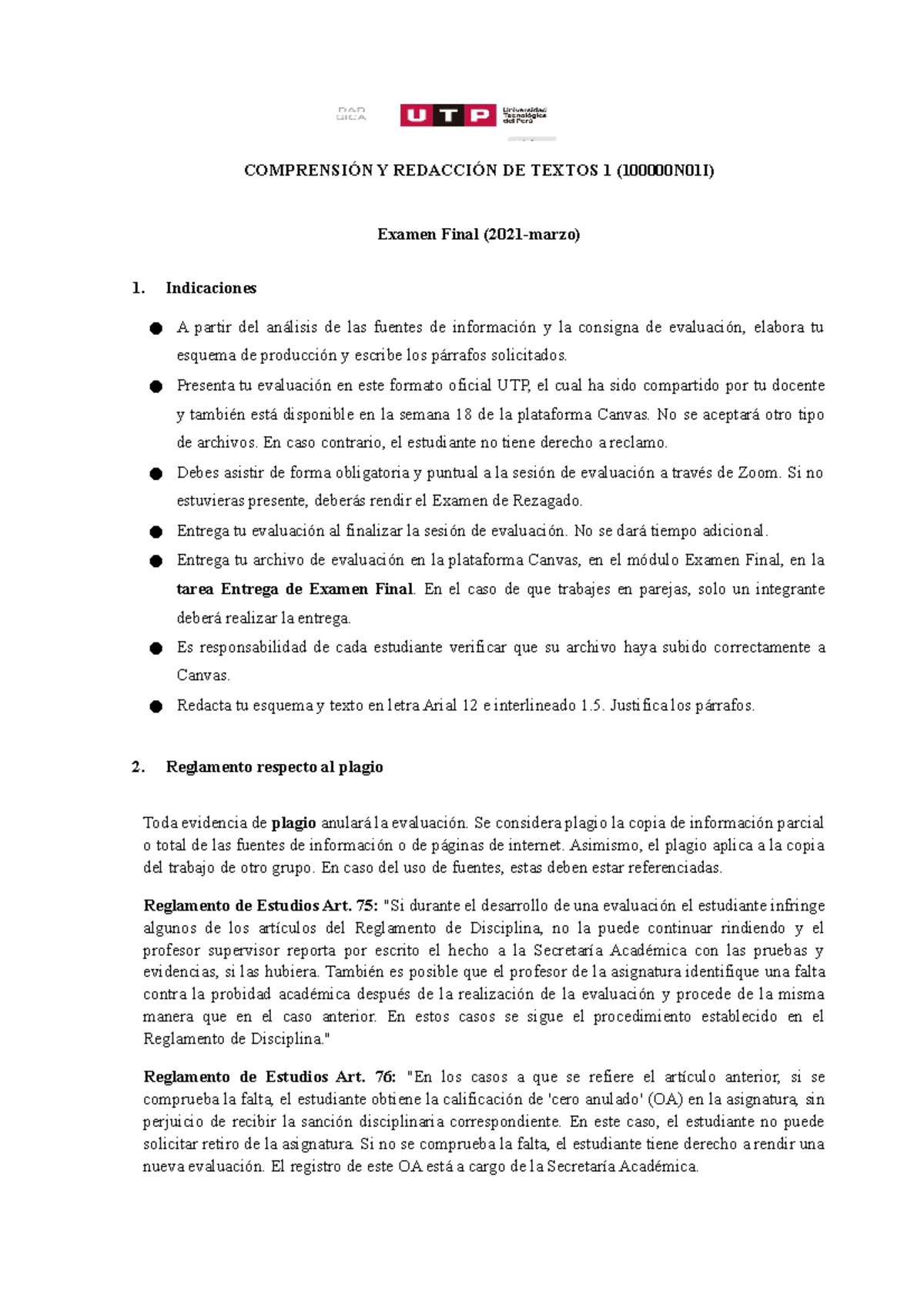 100000 N01I Comprensión Y Redacción DE Textos 1- Examen Final (Formato oficial UTP ...
