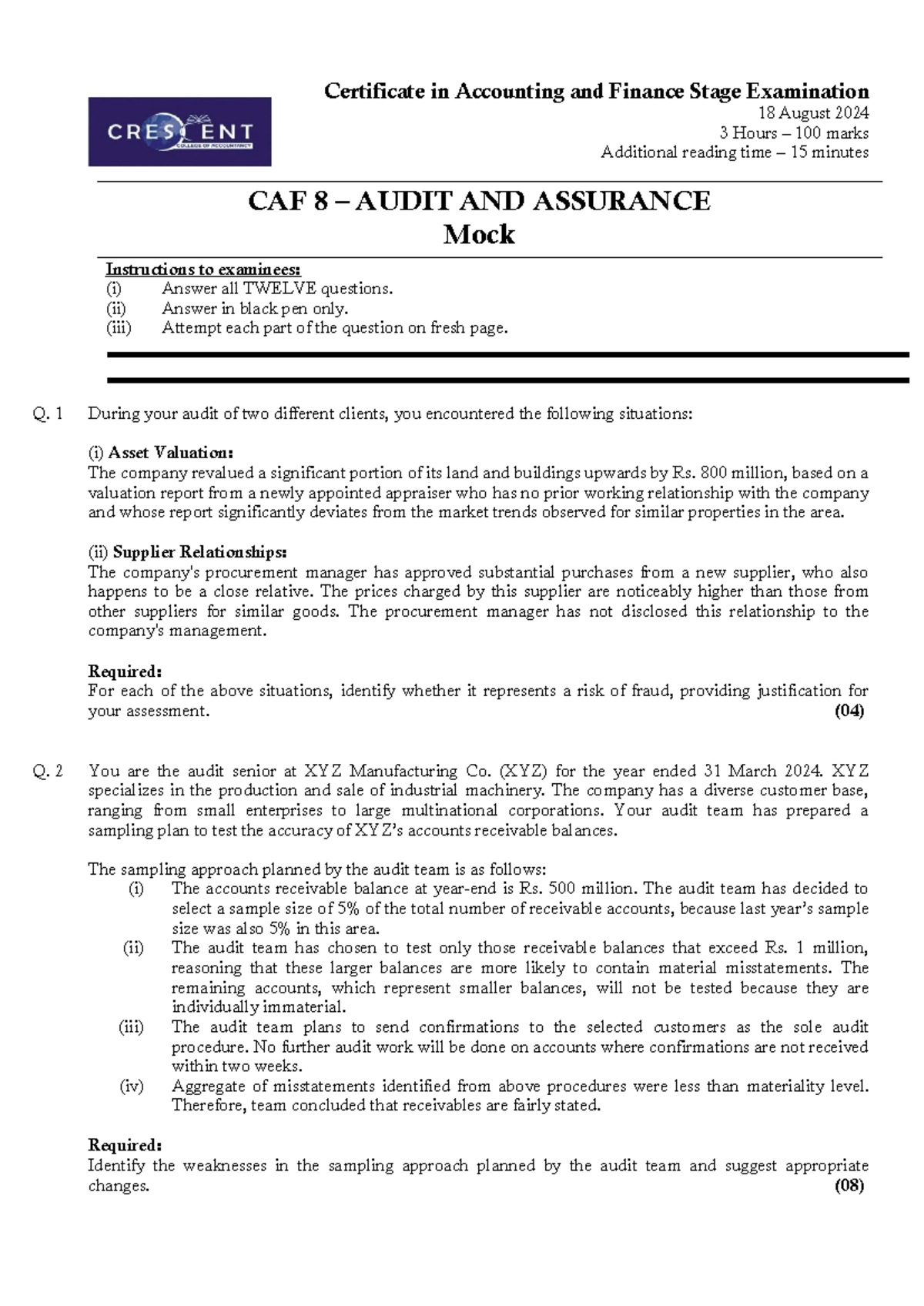 CAF8 Mock - Audit Mock - Certificate in Accounting and Finance Stage ...