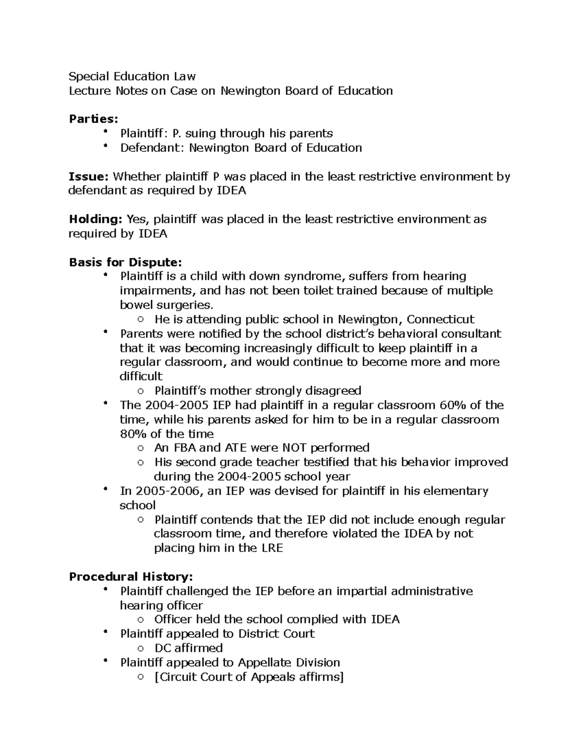 Lecture Notes on Case on Newington Board of Education - Special ...