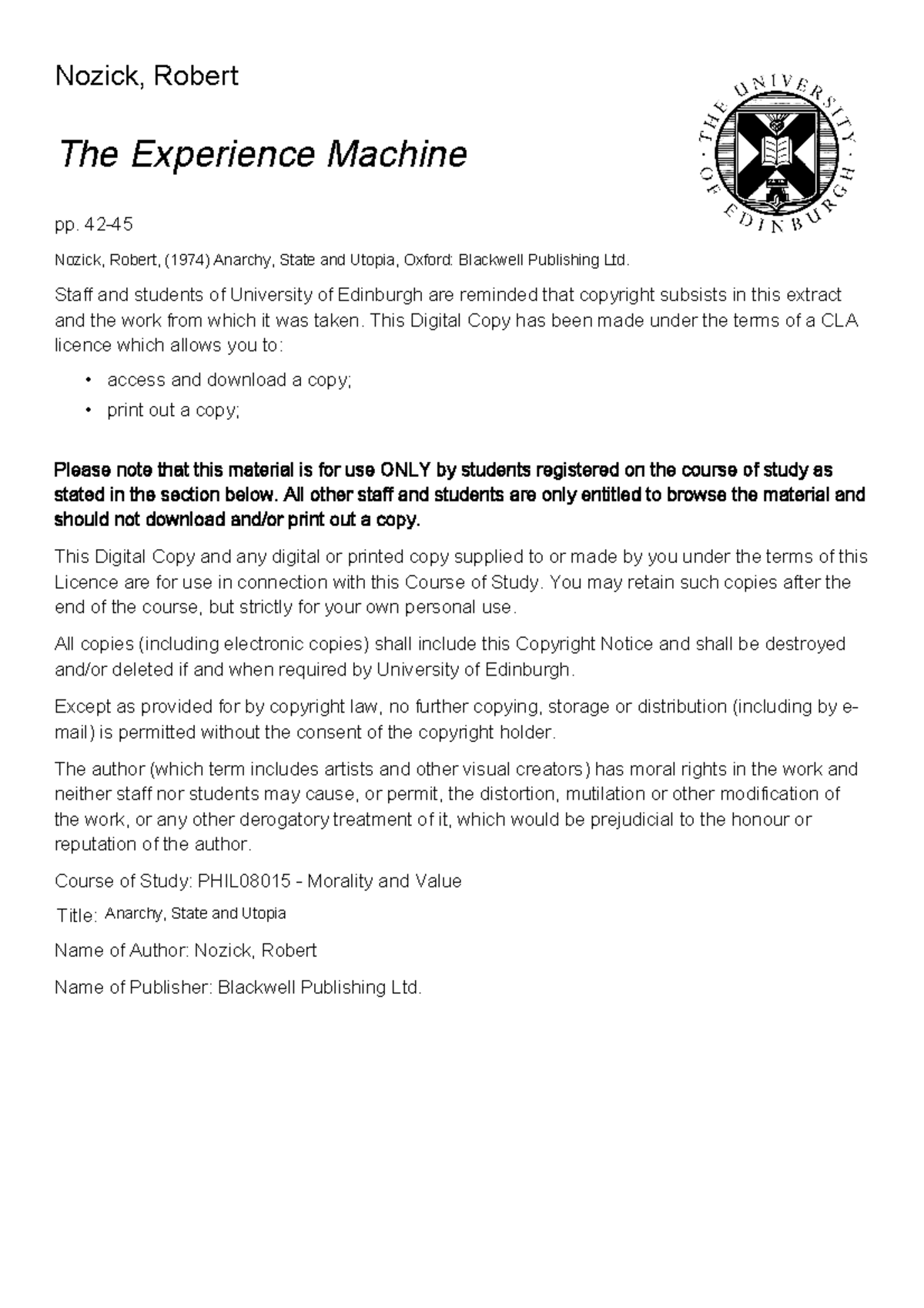 Experience Machine - Nozick - Nozick, Robert The Experience Machine pp ...