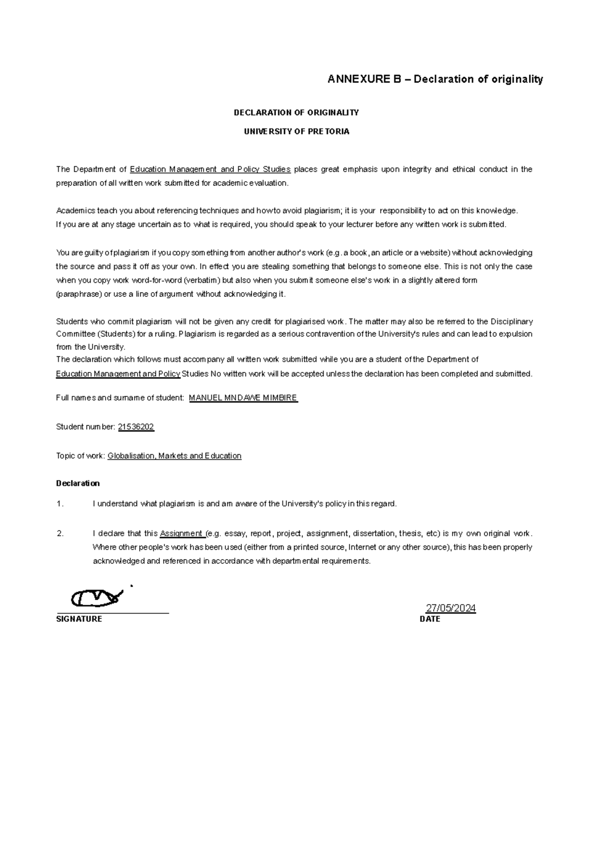 OPV 312 Assignment 2 - ANNEXURE B – Declaration of originality ...