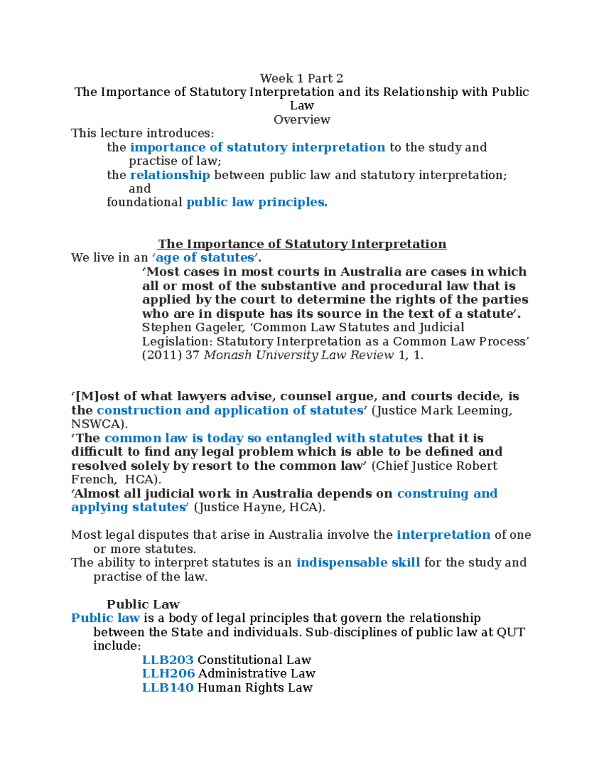 Statutory interpretation notes - Week 1 Part 2 The Importance of ...