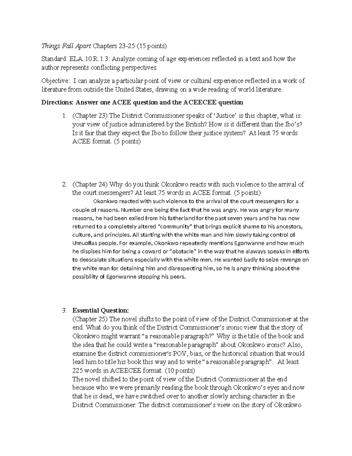 Things Fall Apart Chapters 23-25 - 10.R.1: Analyze coming of age ...