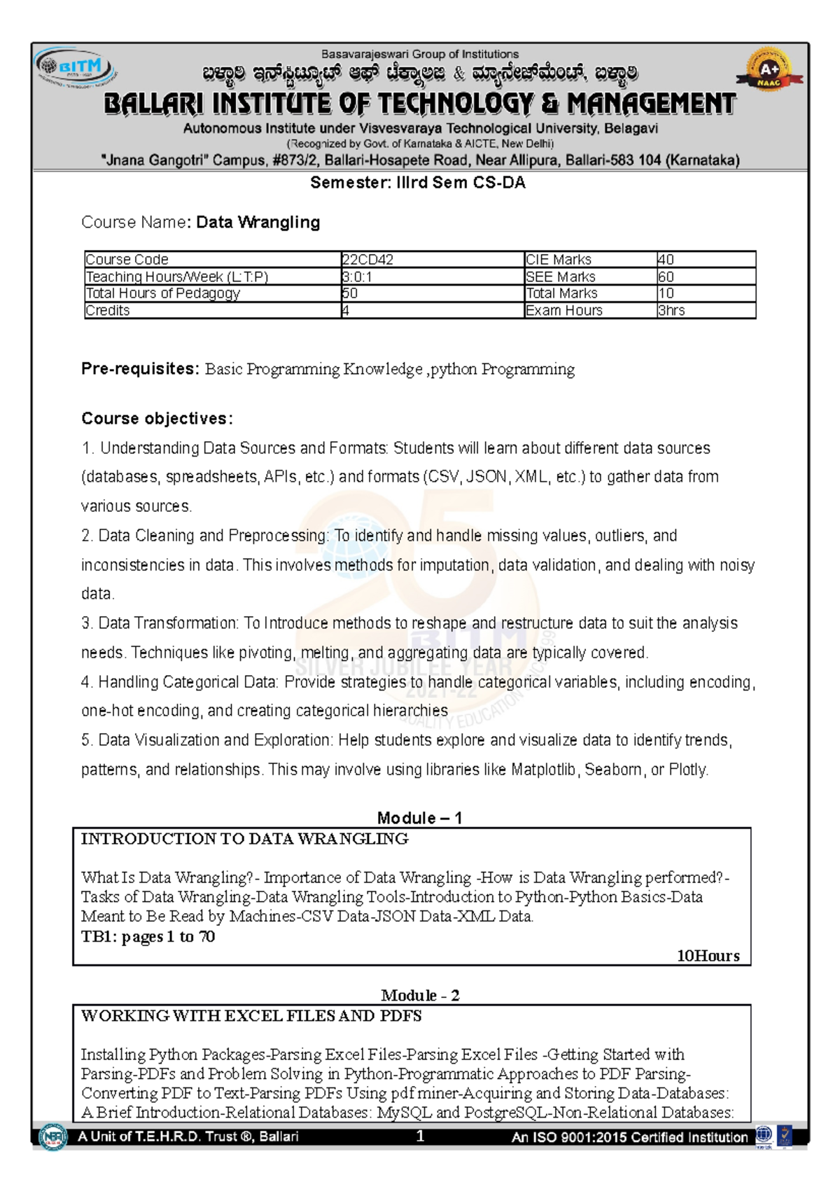 Data wrangling syllabus - Semester: IIIrd Sem CS-DA Course Name: Data Wrangling Course Code ...