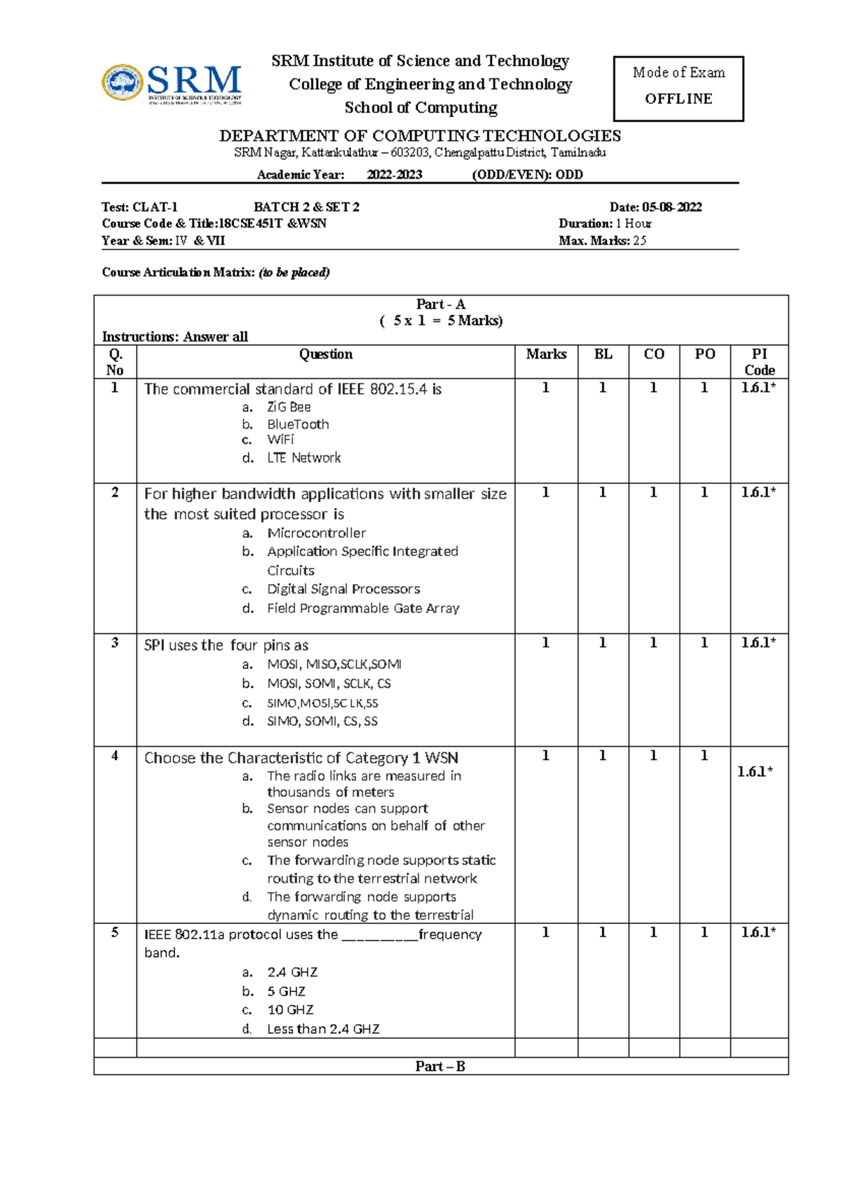 CT1 QP in Template - Batch 2 & Set 2 - SRM Institute of Science and Technology College of - Studocu