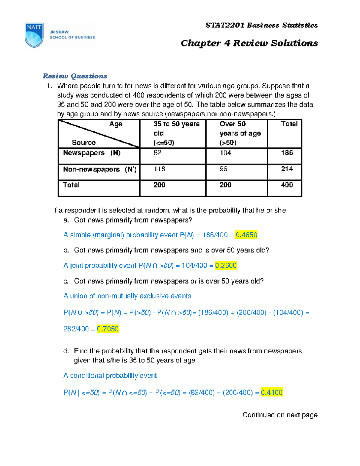 Chapter 4 review answers - STAT2201 Business Statistics Chapter 4 ...